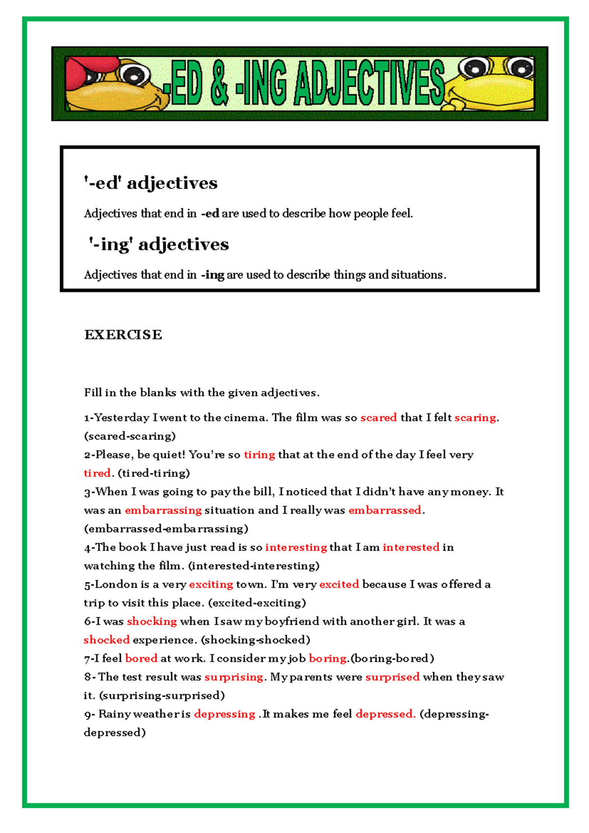 Practice 5 ed ing adjectives - '-ed' adjectives Adjectives that end in ...