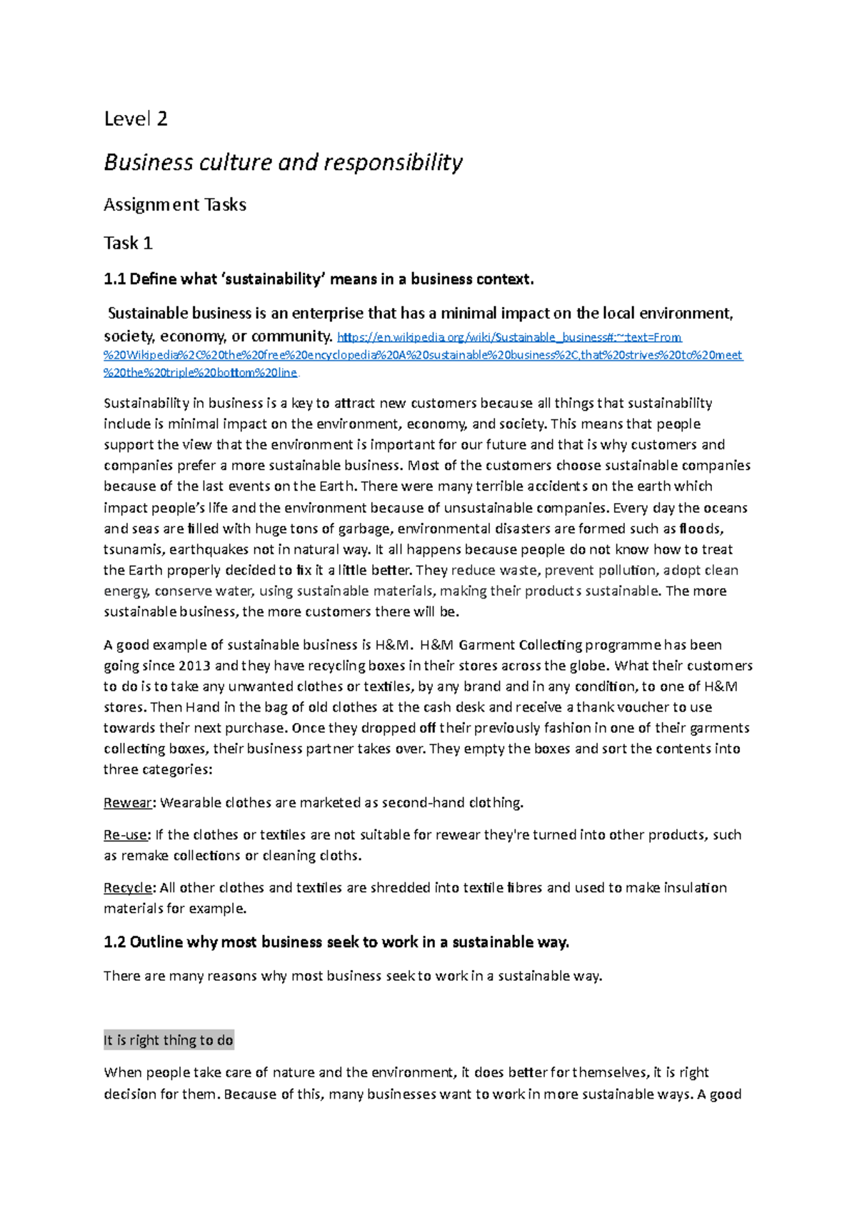 Sustainability assignment - Level 2 Business culture and responsibility ...