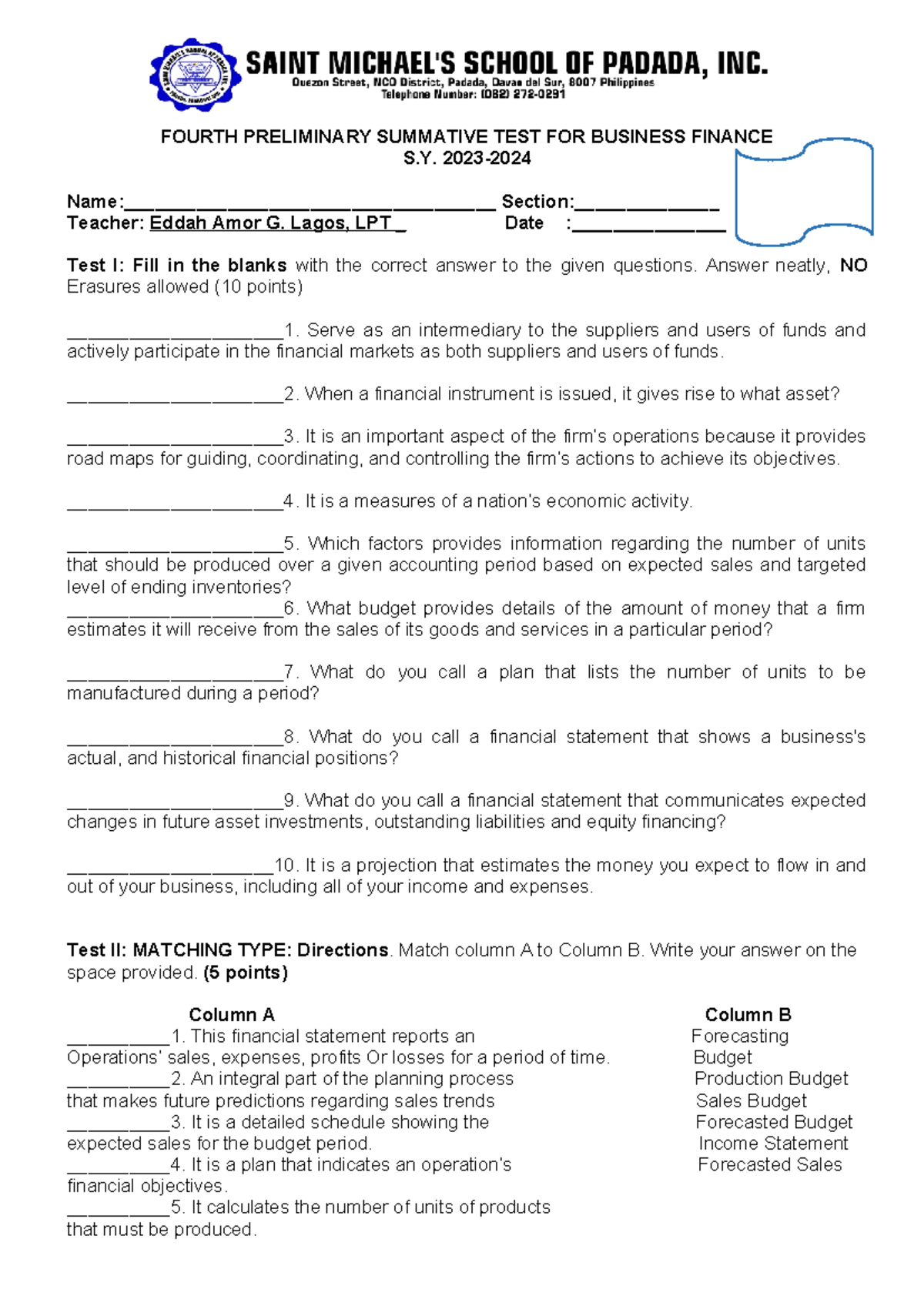 4th Prelim Summative Test Finance - FOURTH PRELIMINARY SUMMATIVE TEST ...