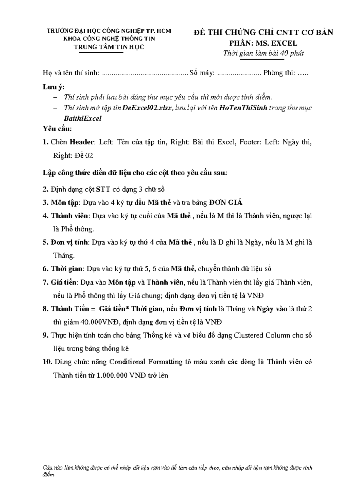 De Excel 02 - JJHHK - Câu nào làm không được có thể nhập dữ liệu tạm ...