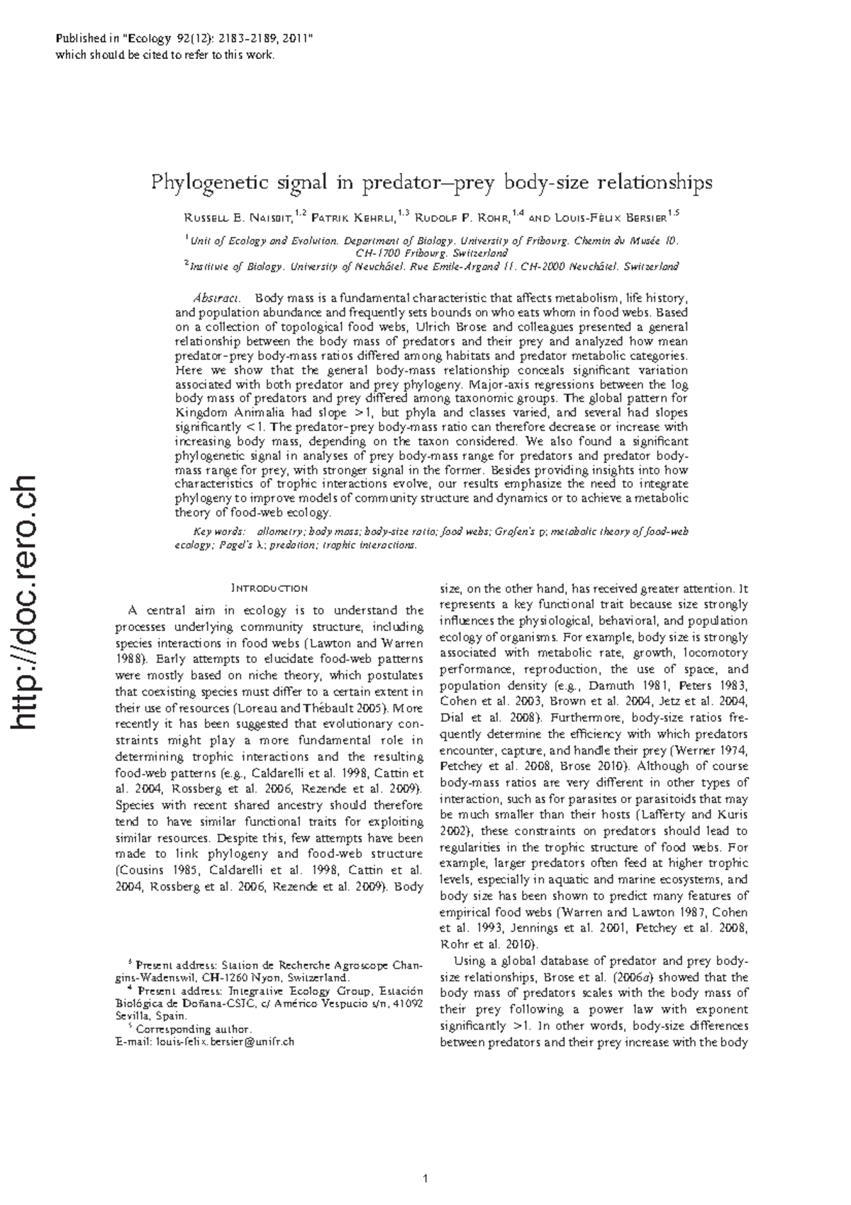Phylogenetic signal in predator–prey body-size relationships - NAISBIT ...