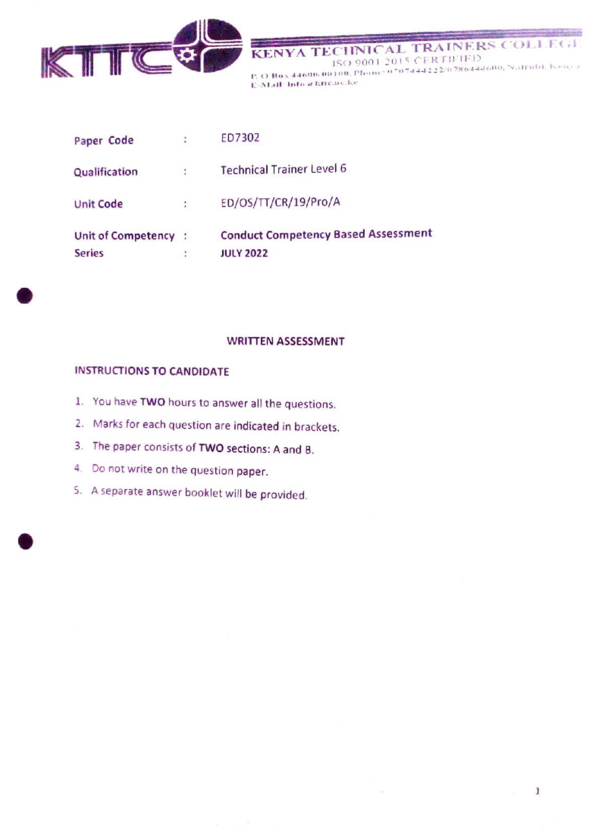 CBA Past Papers - KTTCY KENYA TECINICAL TRATNERS COLLEGE ISO 9001 2015 ...
