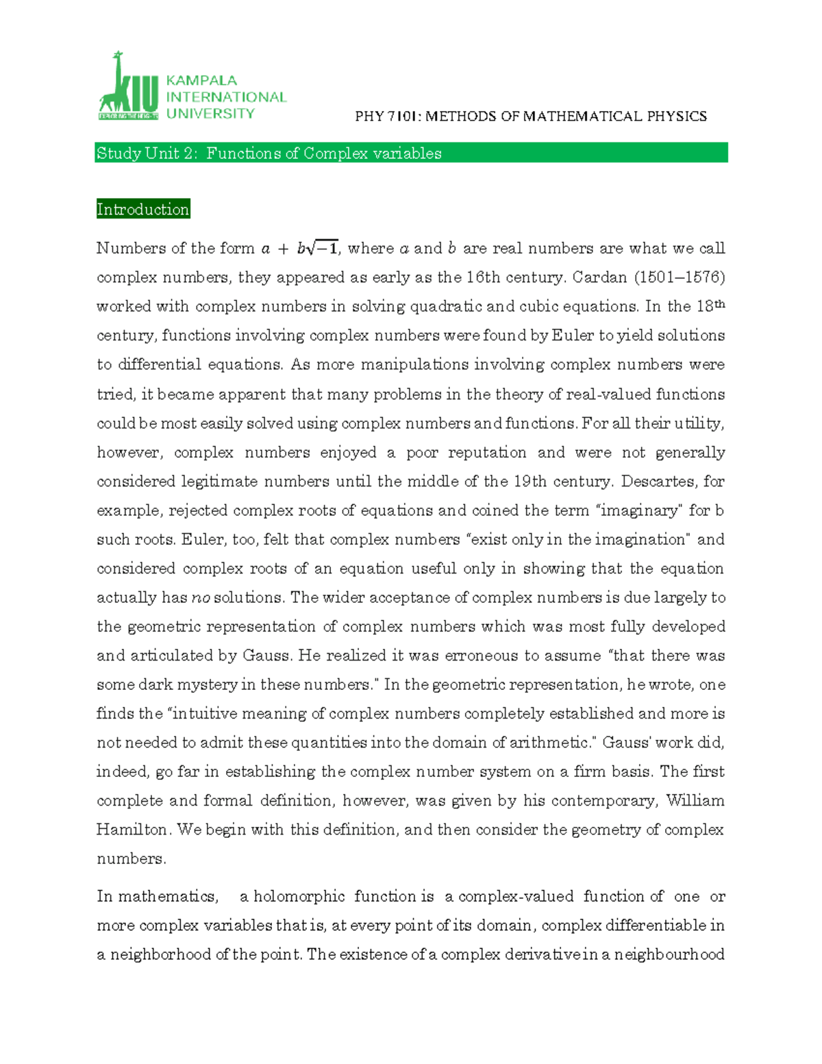 Unit 2 - Study Unit 2: Functions of Complex variables Introduction ...