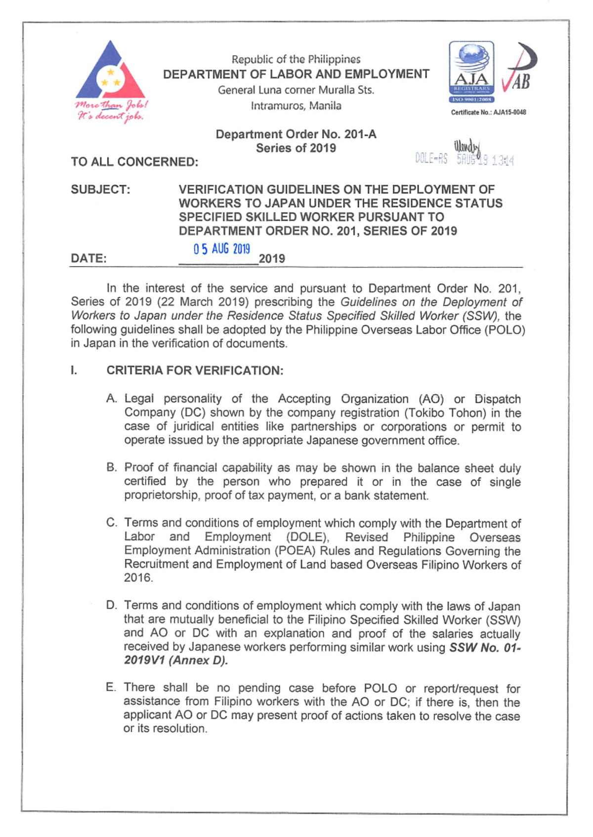 Verification Guidelines on the Deployment of Workers to Japan Under the ...