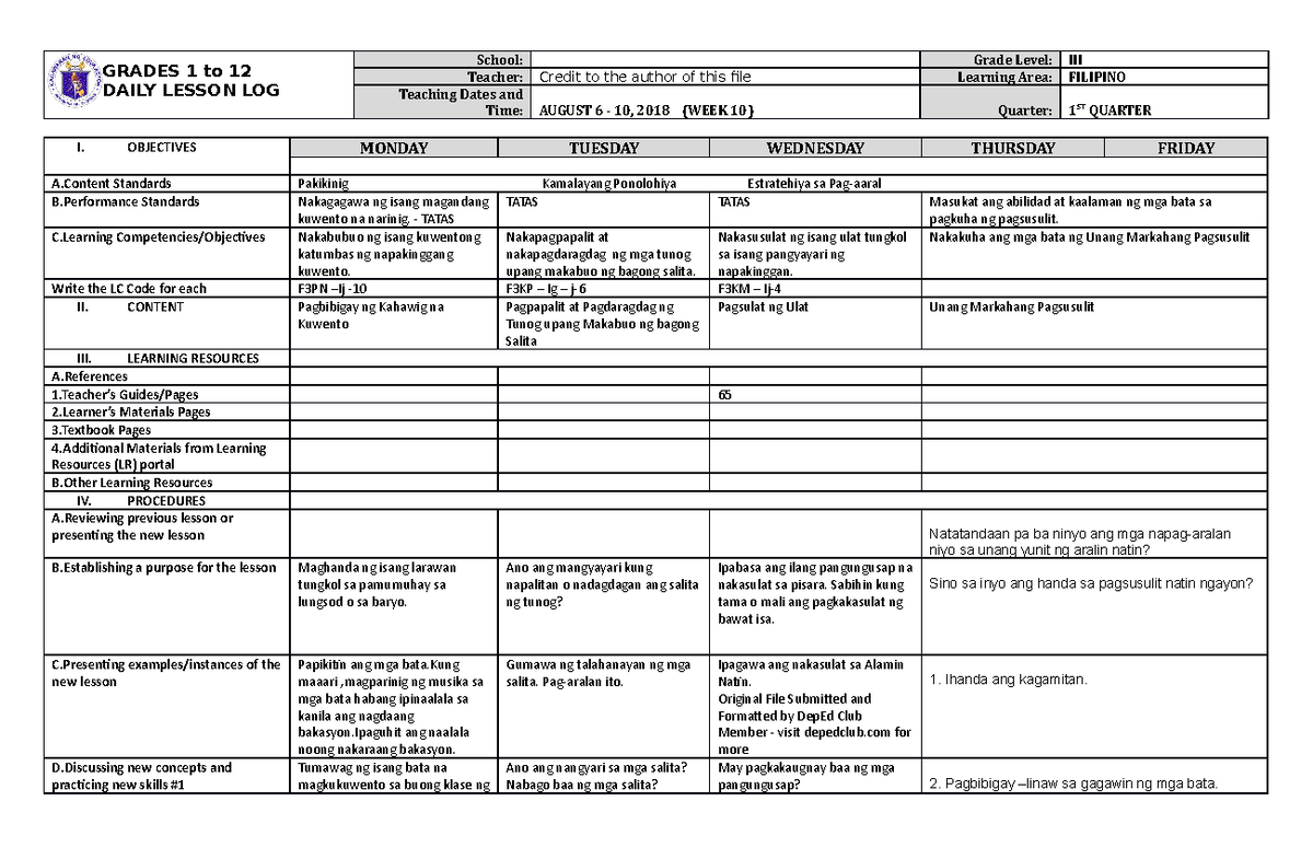 DLL Filipino-3 Q1 W10 - STUDY - GRADES 1 to 12 DAILY LESSON LOG School ...