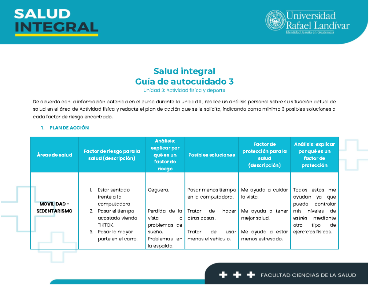 Plan de autocuidado unidad 3 - Salud integral Guía de autocuidado 3 ...