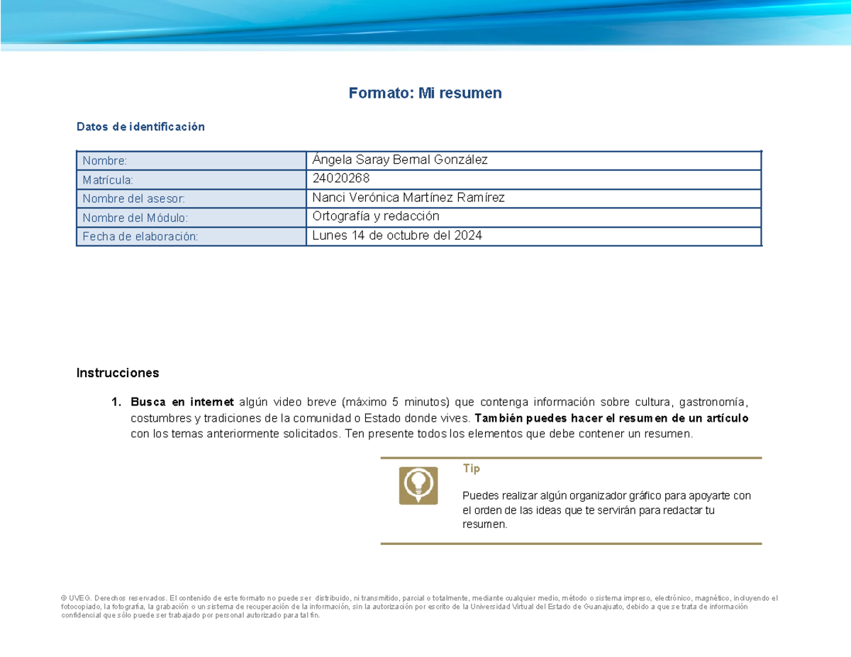 Bernal Àngela Mi resumen - Formato: Mi resumen Datos de identificación Nombre: Ángela Saray ...
