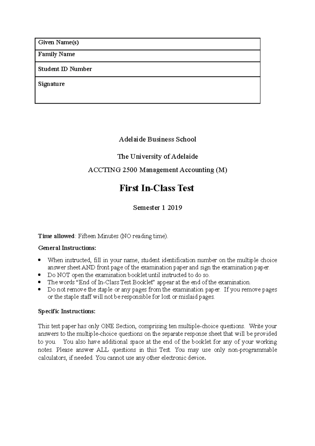 Correct First In-Class Test With Key - Given Name(s) Family Name ...