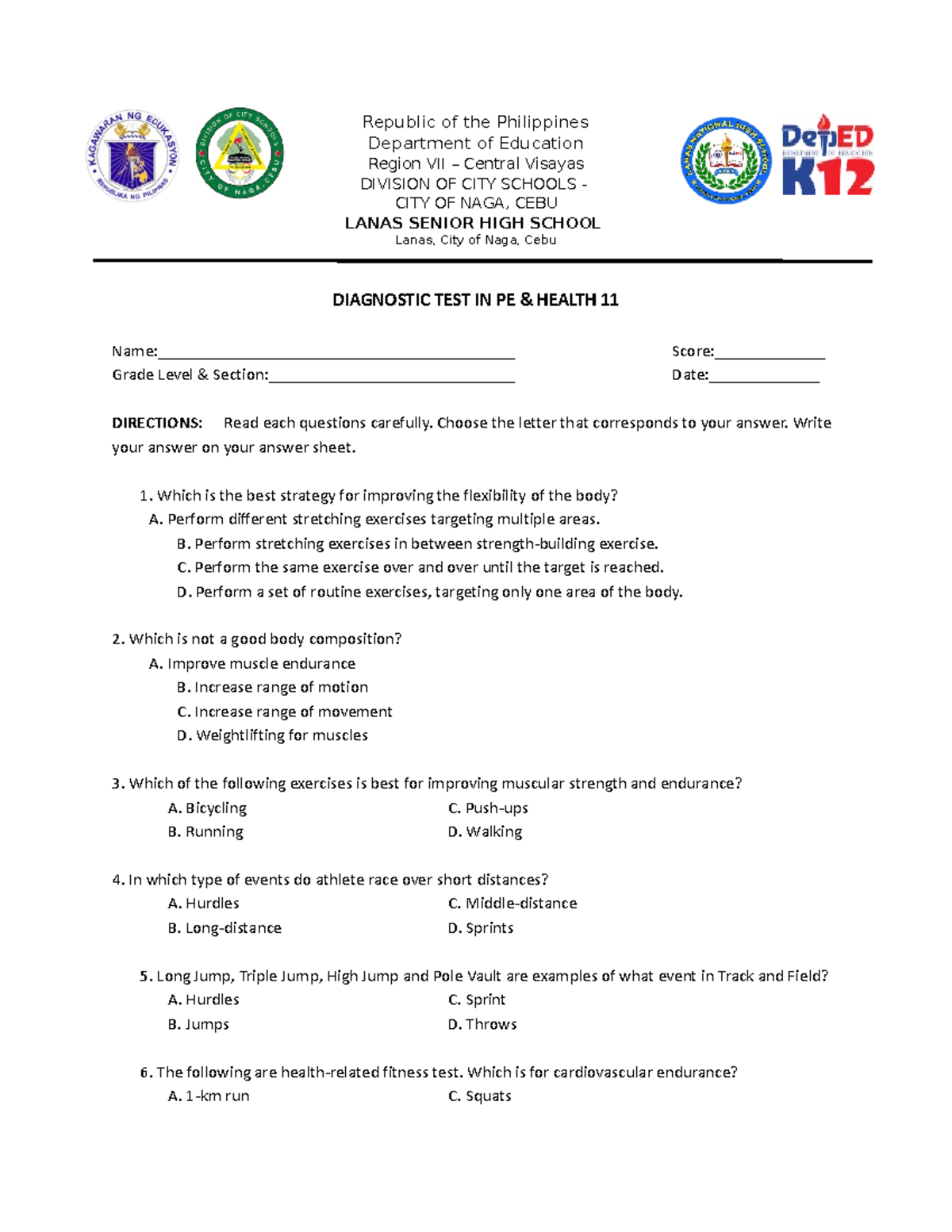 Diagnostic TEST IN PE 11 - Republic of the Philippines Department of ...
