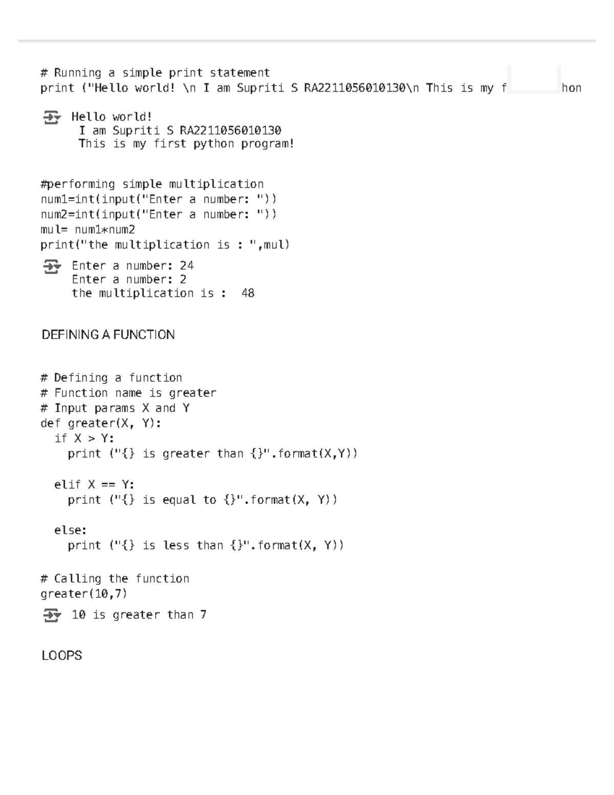 Excersice 1.ipynb - Colab - print ("Hello world! \n I am Supriti S ...