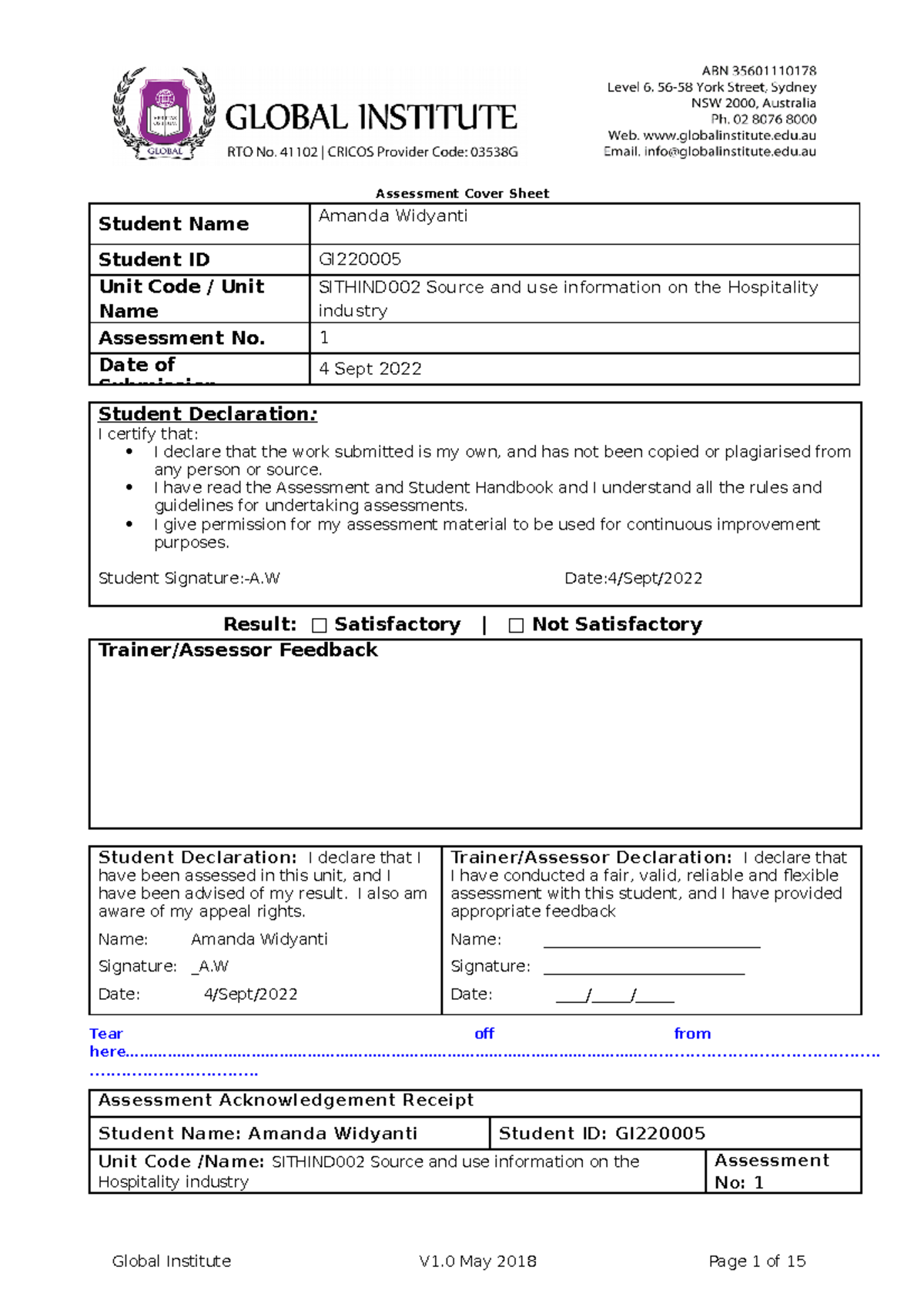 Sithind 002 Assessment task 1 global V1 - Assessment Cover Sheet ...