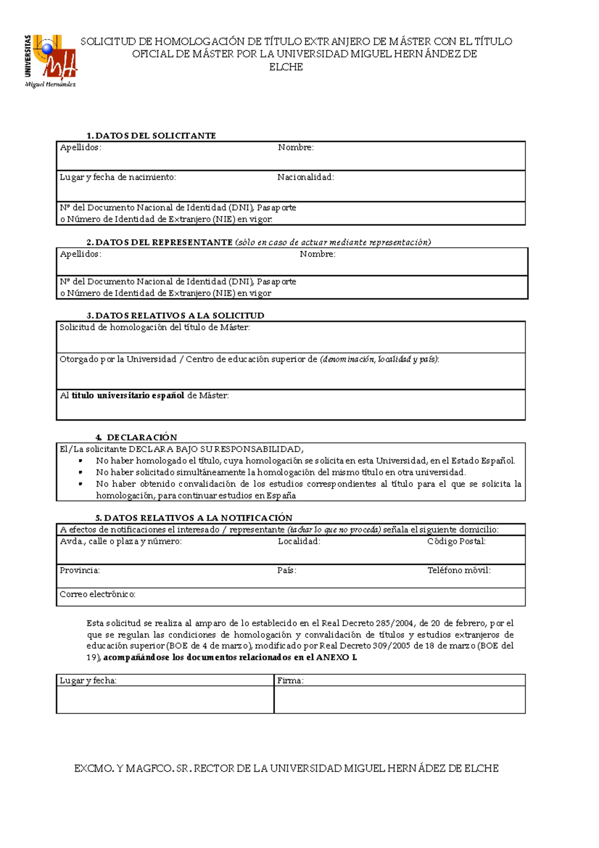 Modelo- Solicitud- Homologación - SOLICITUD DE HOMOLOGACIÓN DE TÍTULO ...