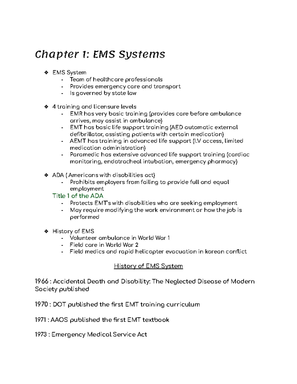 EMT Running Notes - mmmmm - Chapter 1: EMS Systems EMS System - Team of ...