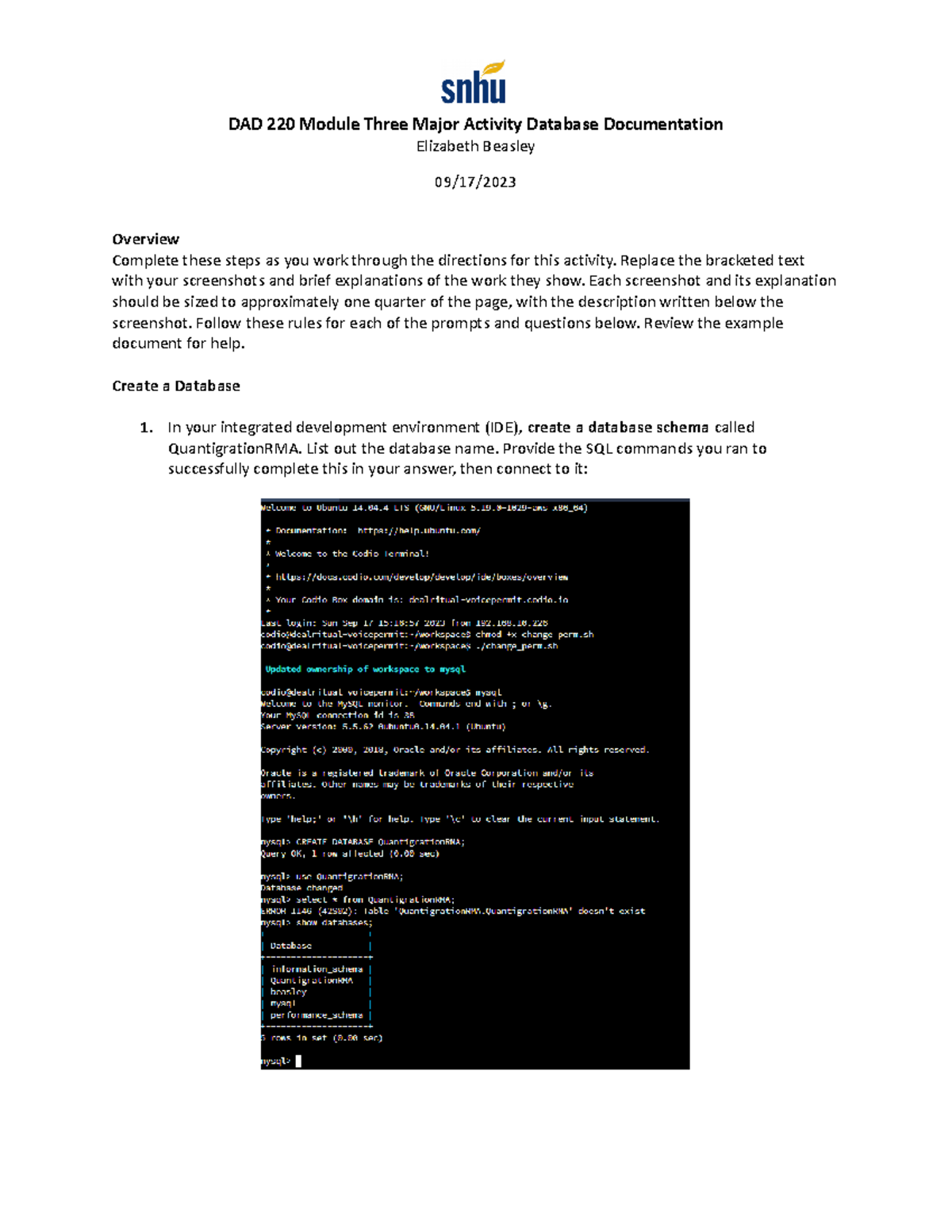 Dad 220 Module Three Major Activity Replace The Bracketed Text With Your Screenshots And Brief 