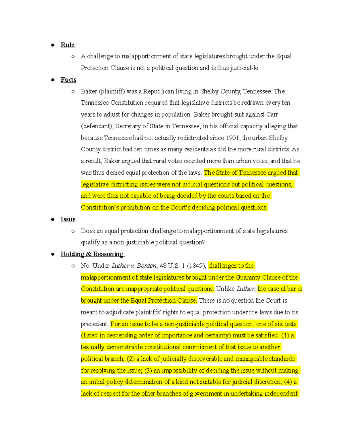 Con Law 2021- Baker v. Carr - Rule A challenge to malapportionment of ...