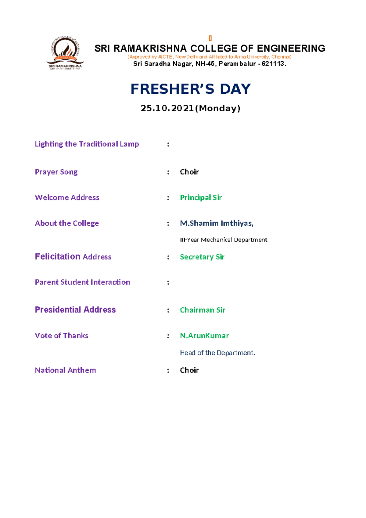 Fresher's day 2021 agenda - \ SRI RAMAKRISHNA COLLEGE OF ENGINEERING ...
