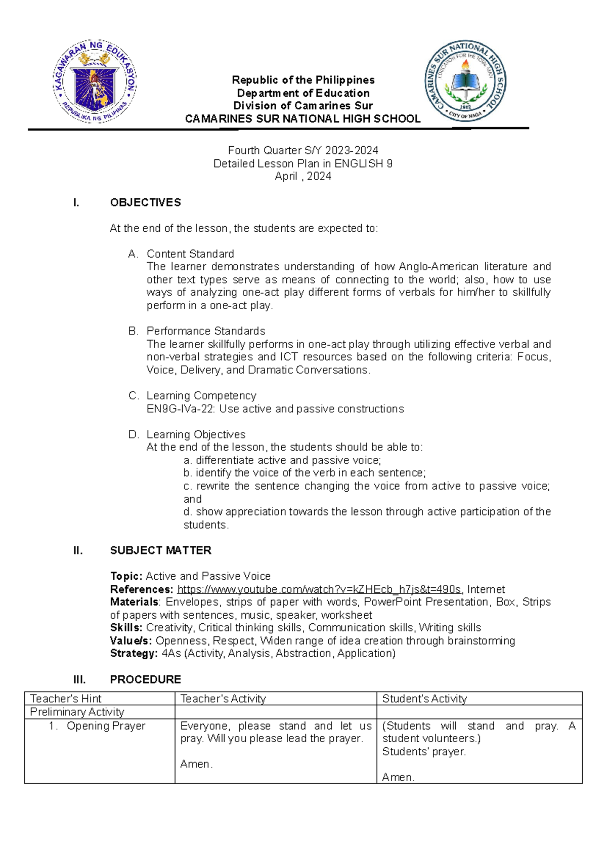 DLP Active AND Passive Voice - Republic of the Philippines Department ...