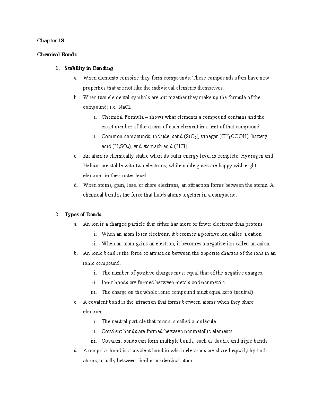 Chapter 18 Notes - Chapter 18 Chemical Bonds Stability in Bonding a ...