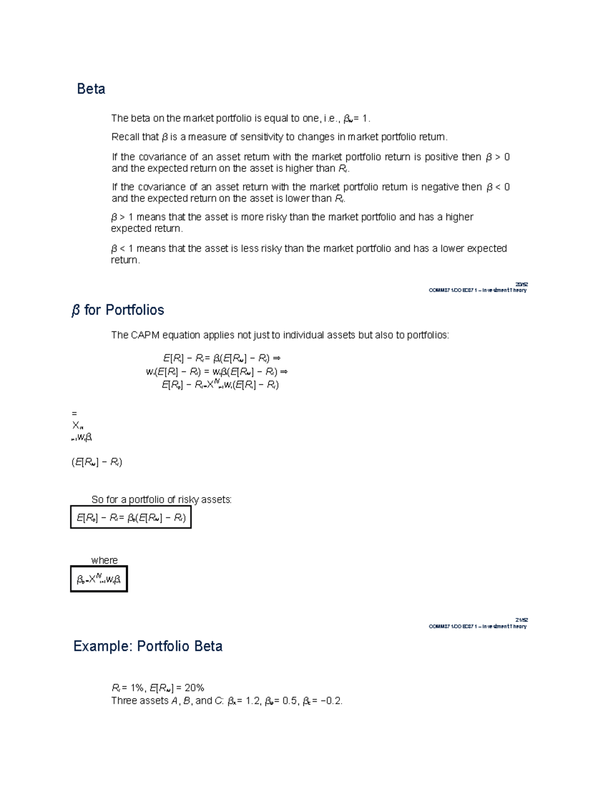 Sml And Cml Notes Beta The Beta On The Market Portfolio Is Equal To