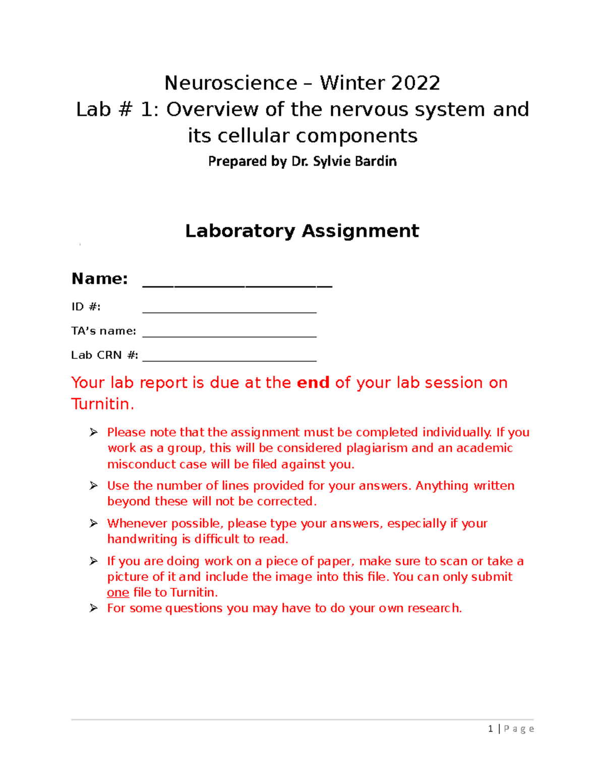 Biol 3060- Lab # 1-Assignment- W2022-22 - Neuroscience – Winter 2022 Lab # 1: Overview of the ...