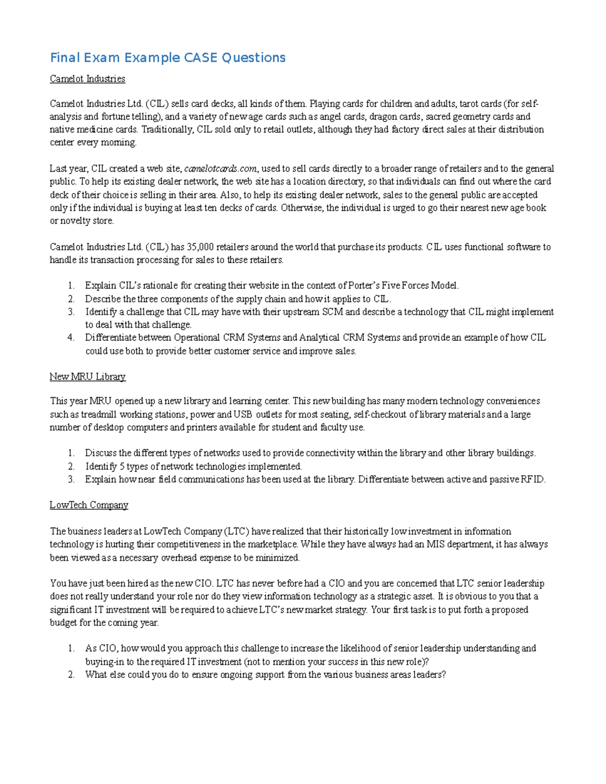 Final Exam example questions - Final Exam Example CASE Questions ...