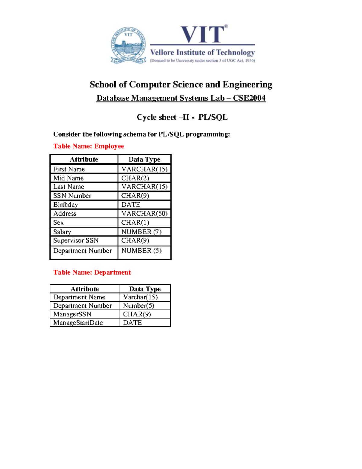 Cyclesheet 2 PL SQL - Done - School of Computer Science and Engineering Database Management ...