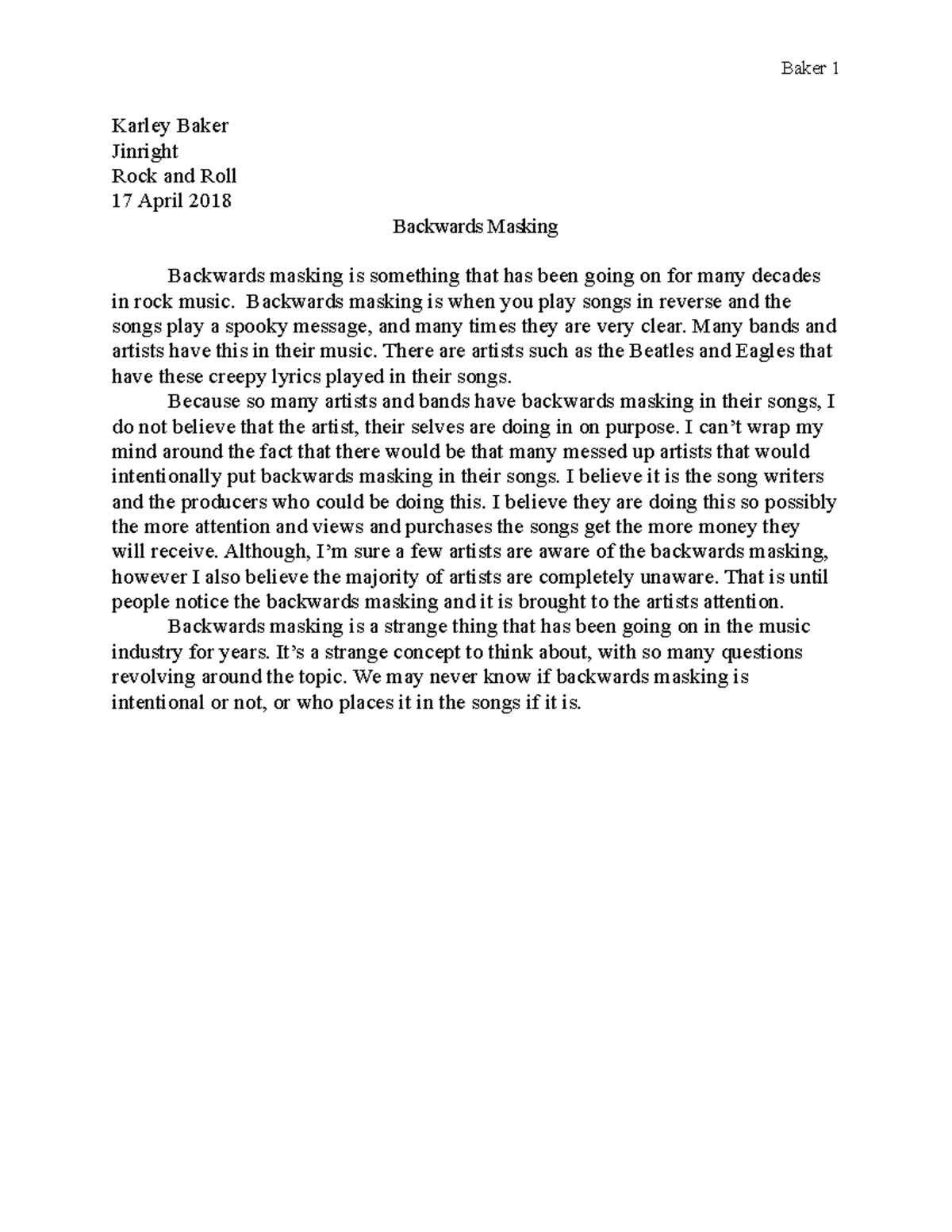 Backwards masking - Grade: a+ - Baker 1 Karley Baker Jinright Rock and ...