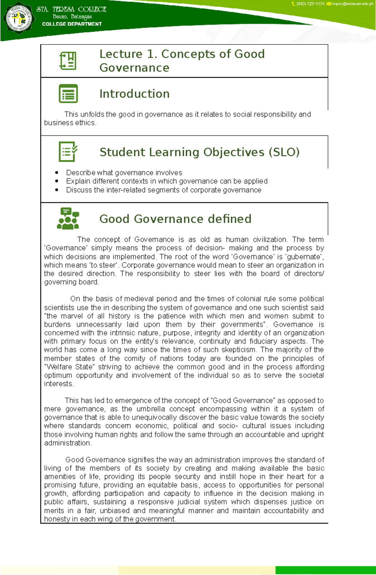 Lecture 1 Good Governance - Lecture 1. Concepts of Good Governance ...