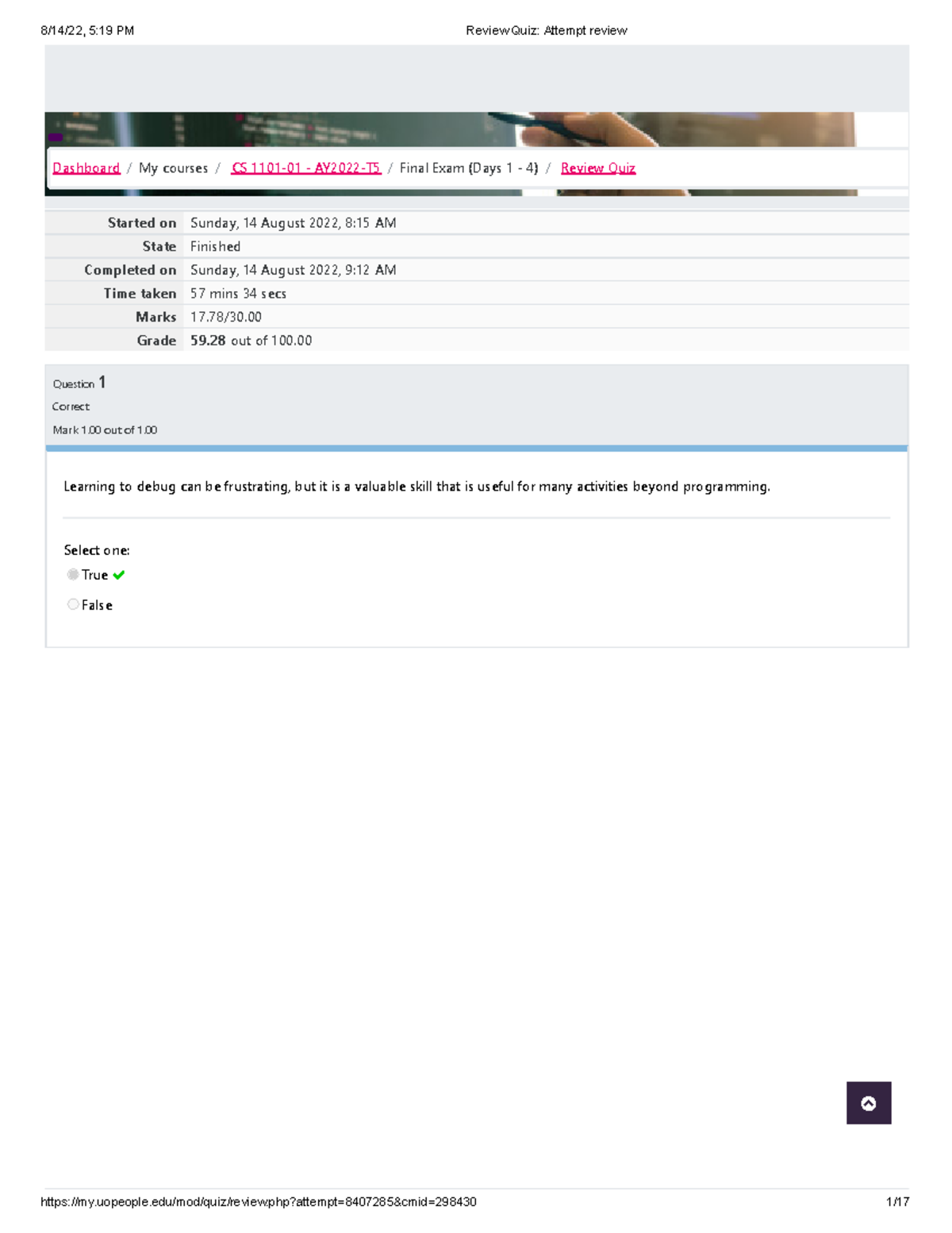 Attempt 1 - Exams - Started on Sunday, 14 August 2022, 8:15 AM State ...