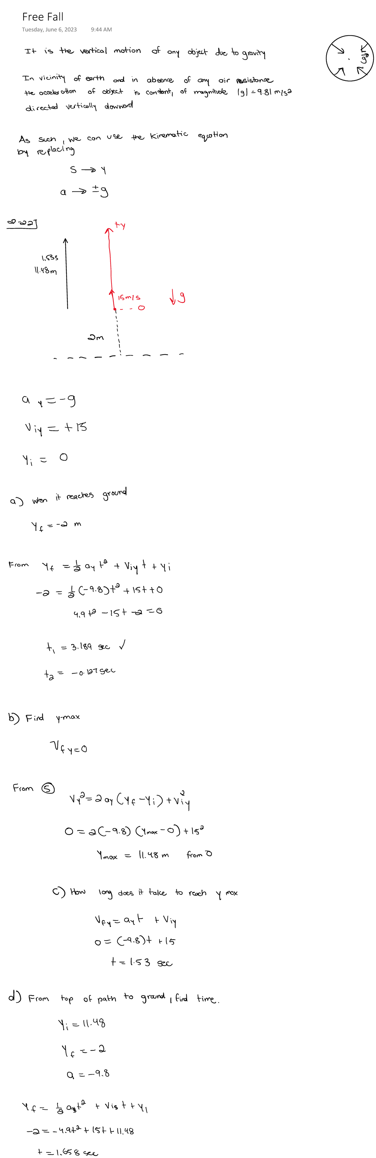 Free Fall - Notes on free fall - PHYS 2425 - Free Fall Tuesday, June 6 ...