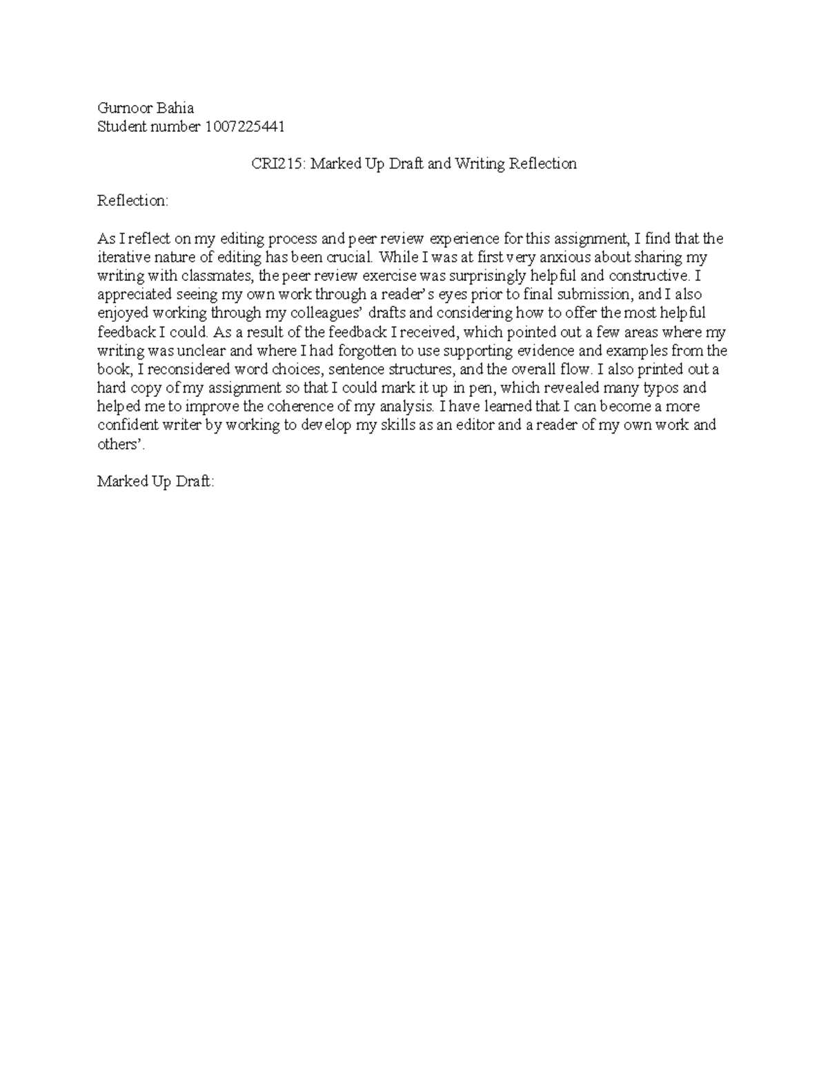 CRI215Marked Up Draft Example - Gurnoor Bahia Student number 1007225441 ...