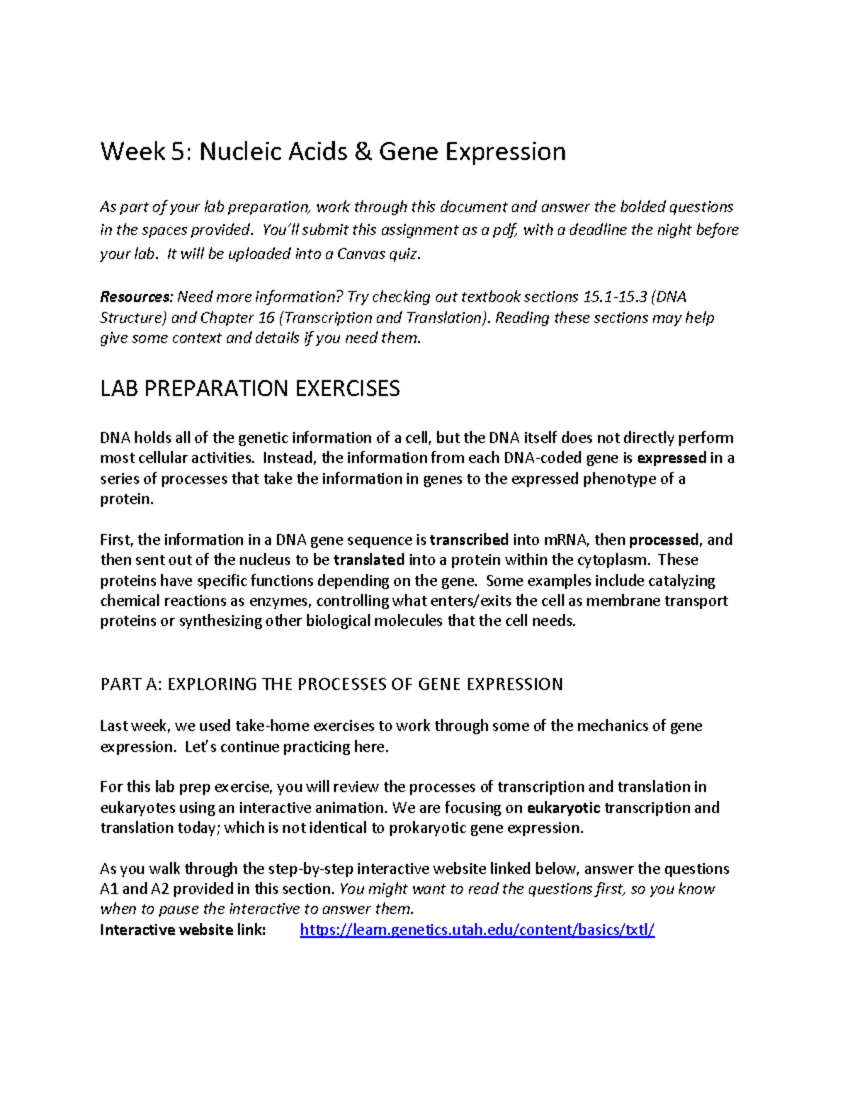 BISC 101 Week 5 Lab Prep - Week 5: Nucleic Acids & Gene Expression As ...