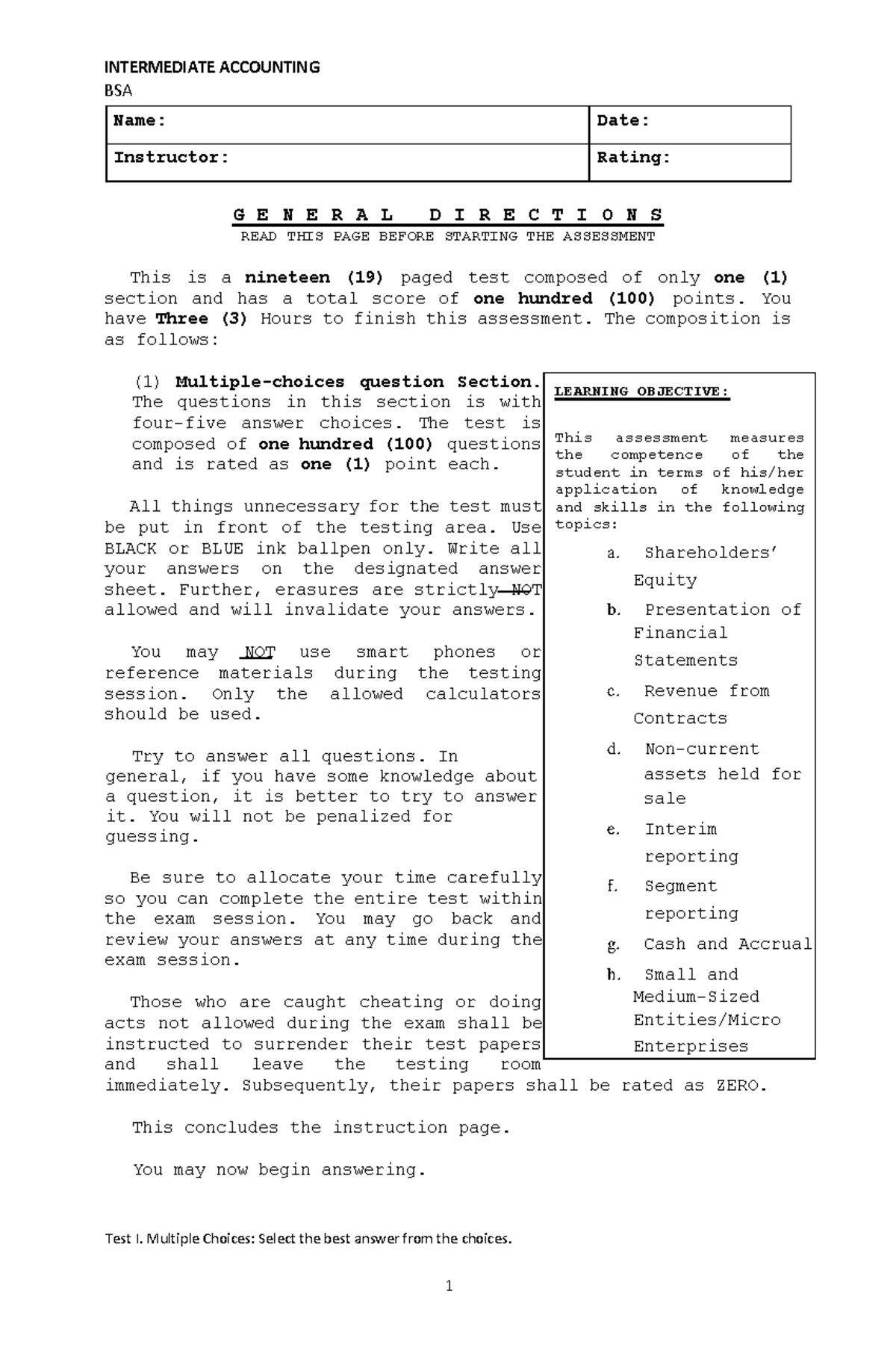 Practice Exam for Intermediate Accounting - BS Education - Studocu
