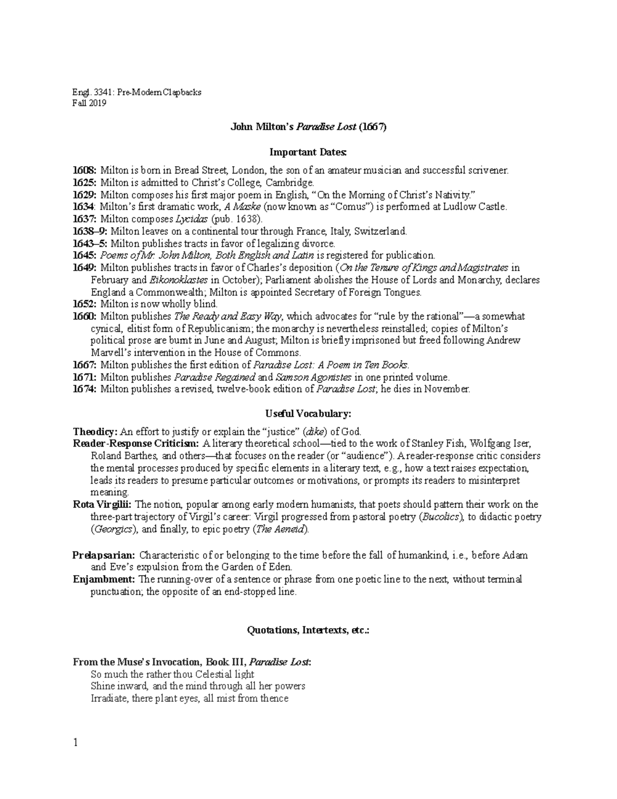 Brit Lit Paradise Lost (Day 1) Handout - Engl. 3341: Pre-Modern ...