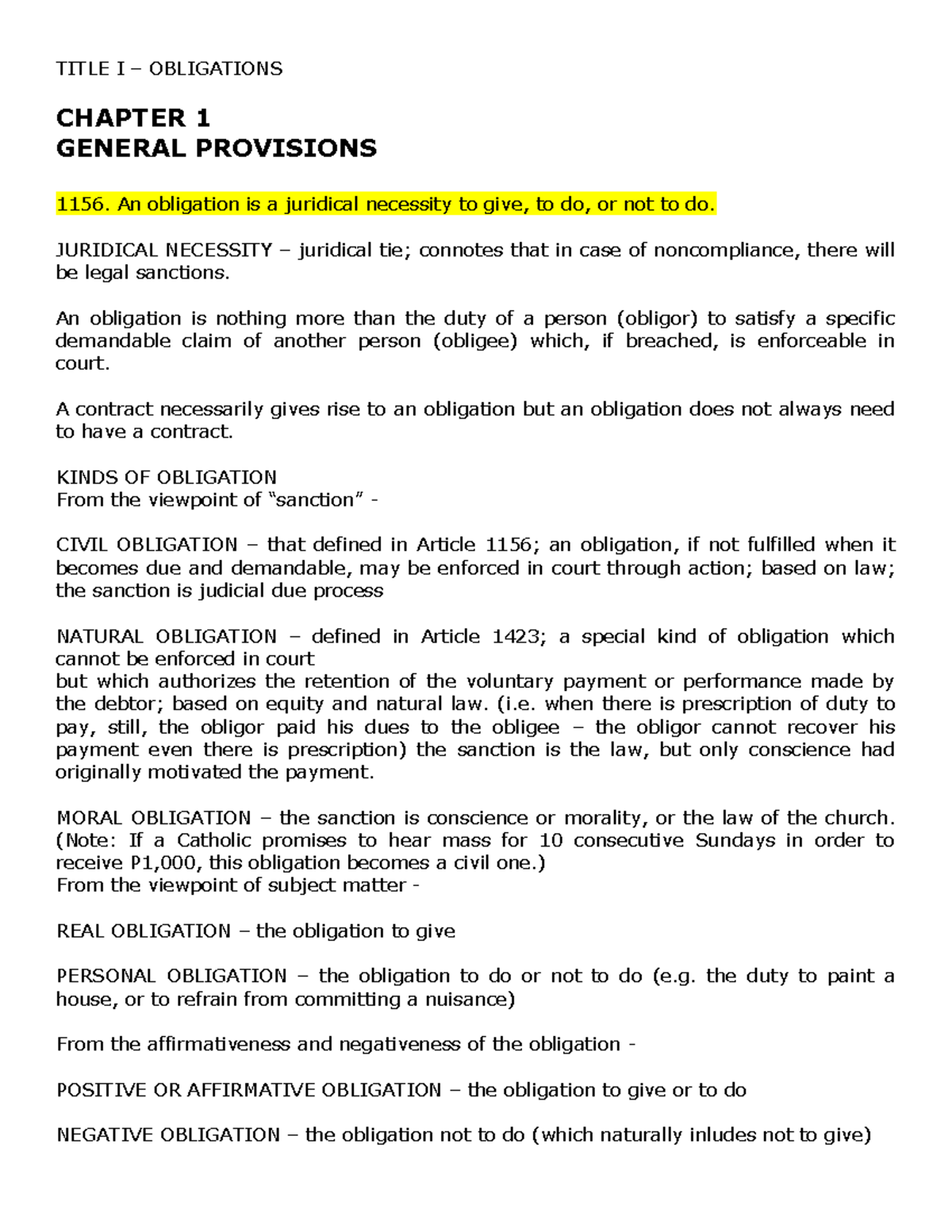 Obligcon Midterm Reviewer - TITLE I – OBLIGATIONS CHAPTER 1 GENERAL PROVISIONS An obligation is ...