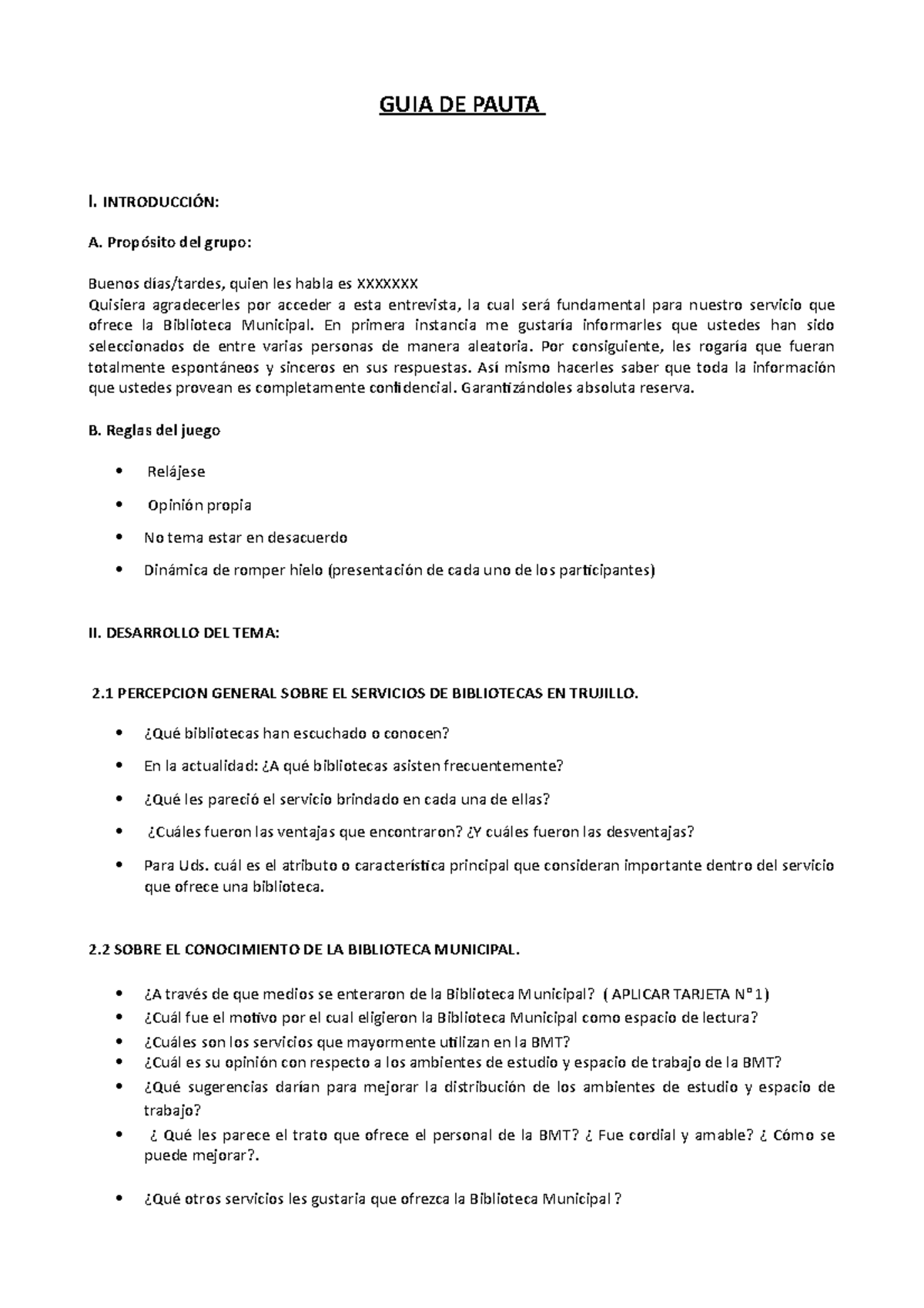 GUIA DE Pauta - Focus Group - Ejemplo - GUIA DE PAUTA I. INTRODUCCIÓN ...
