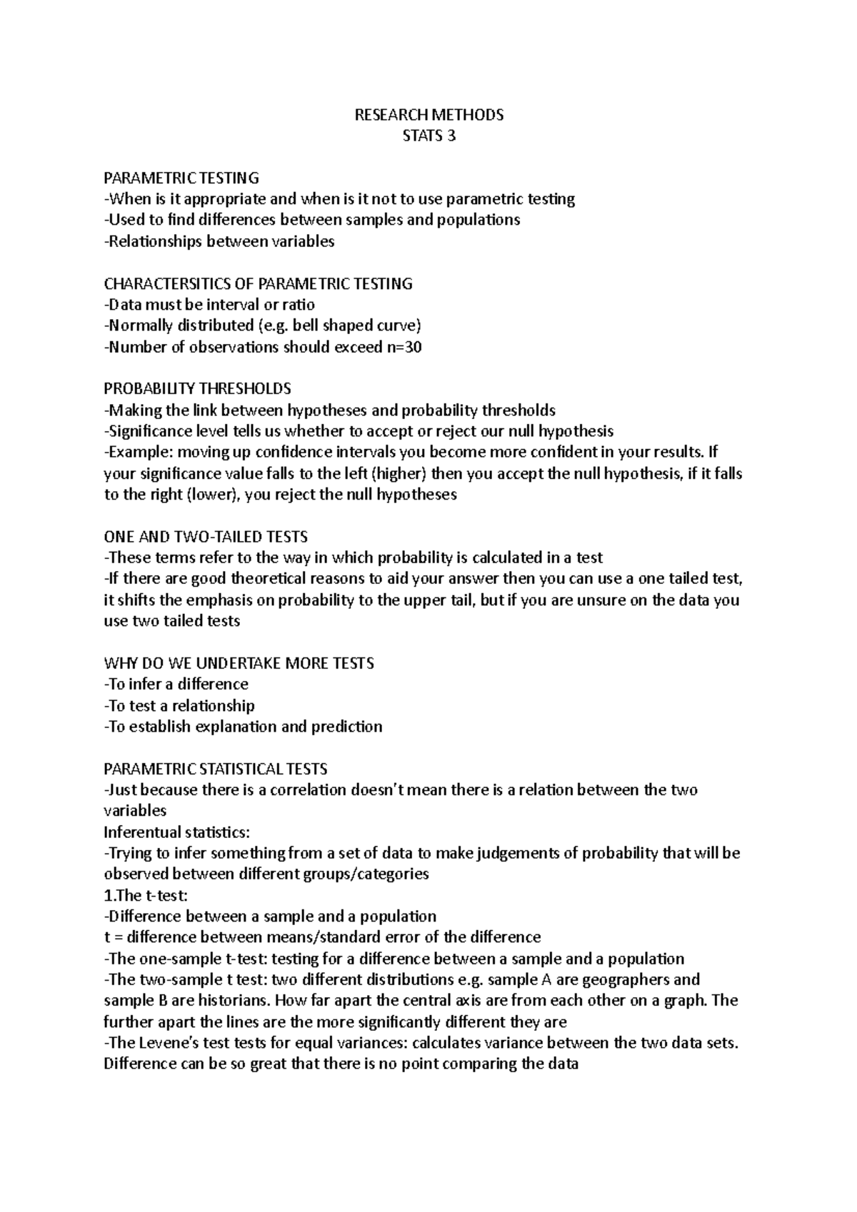 Stats Lecture 3 Parametric Testing Research Methods Stats 3
