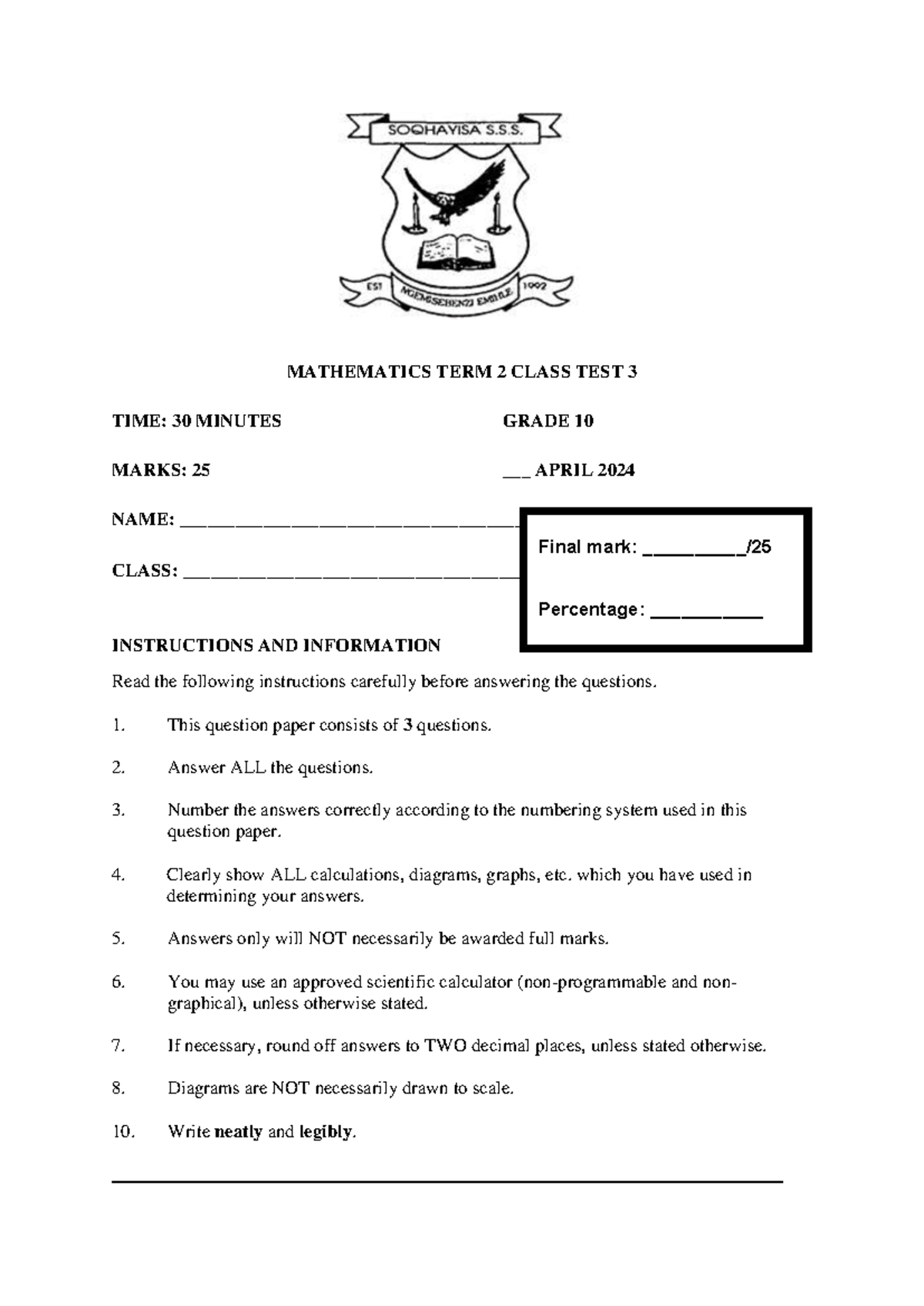 Class Test 3 - Past papers mathematician - MATHEMATICS TERM 2 CLASS ...