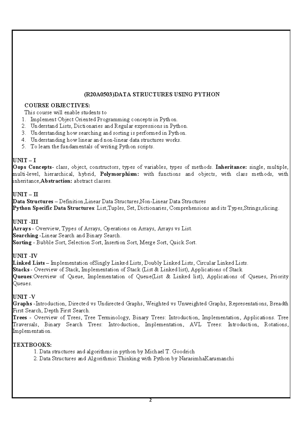 DATA Structures Through Python(R20A0503)-2-159 - SYLLABUS MALLAREDDYCOLLEGEOFENGINEERING - Studocu