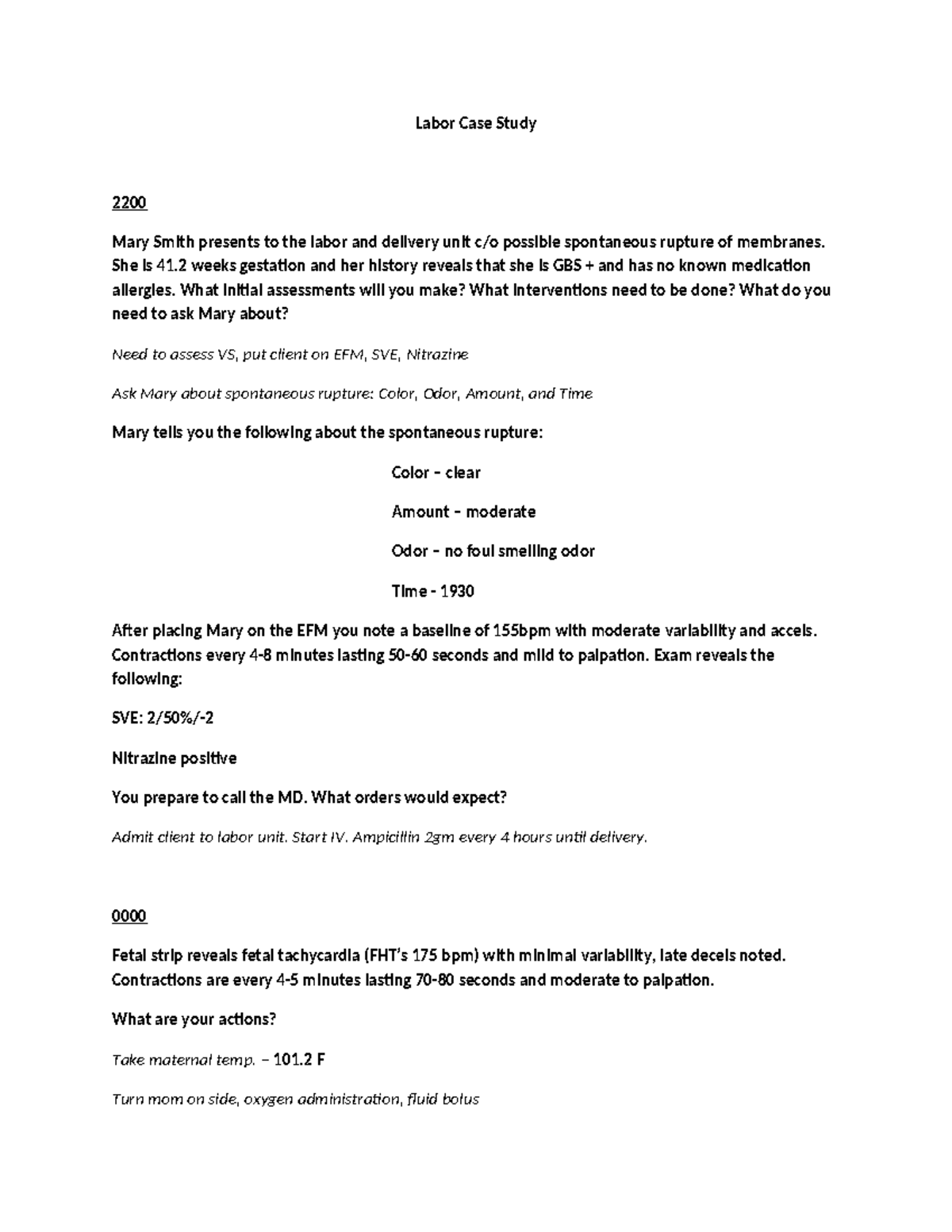 Labor Case Study - Summary Women’S Health And The Childbearing Family ...