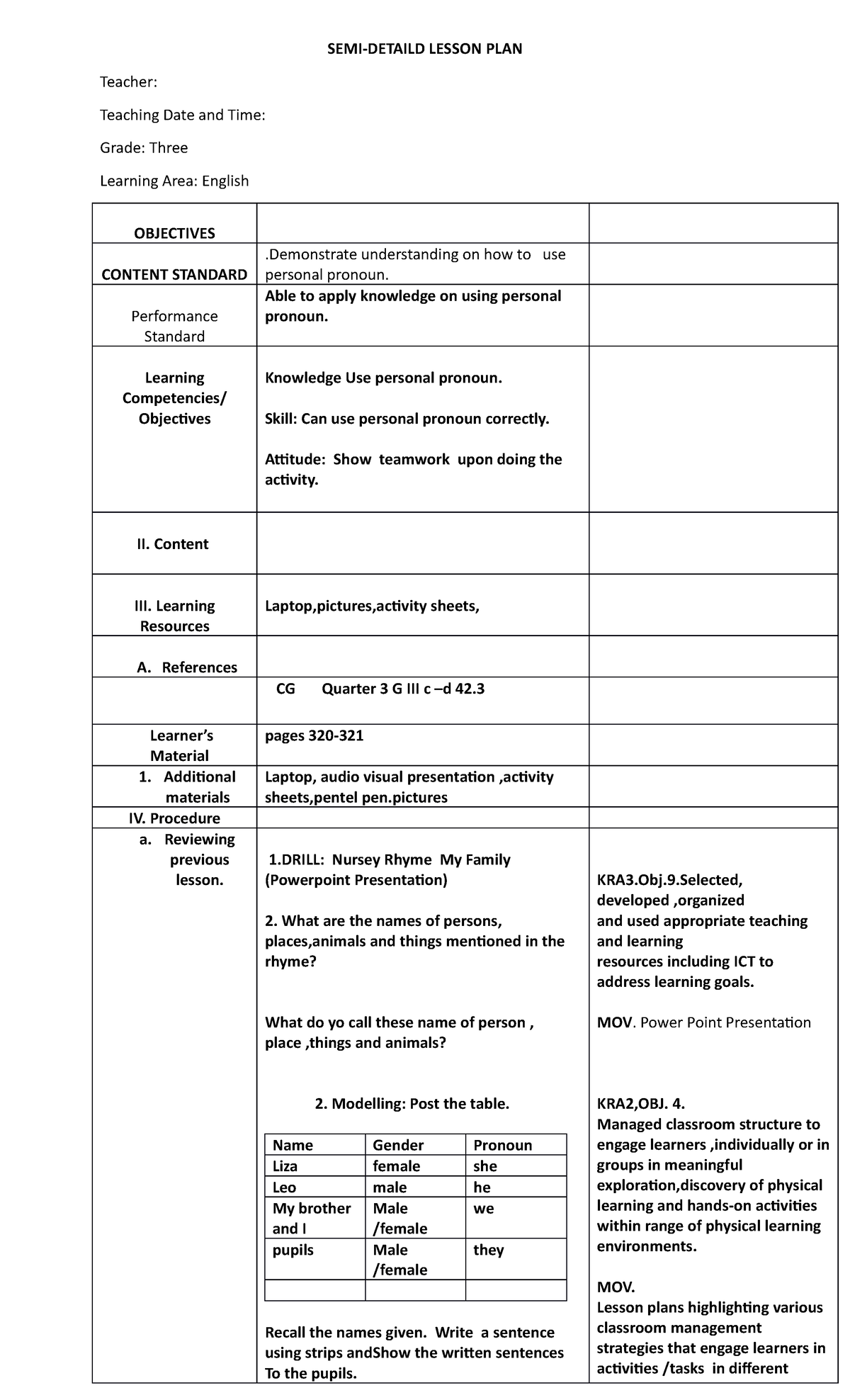 English CO 1 - reference only - SEMI-DETAILD LESSON PLAN Teacher ...