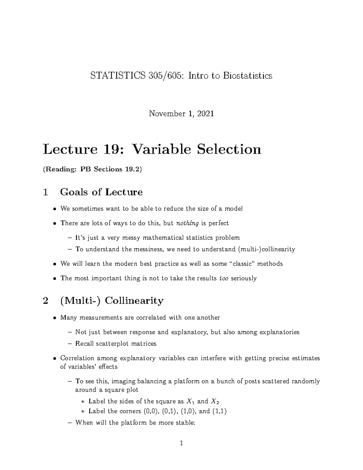 Lecture 19 Variable Selection Statistics 305605 Intro To Biostatistics November 1 2021