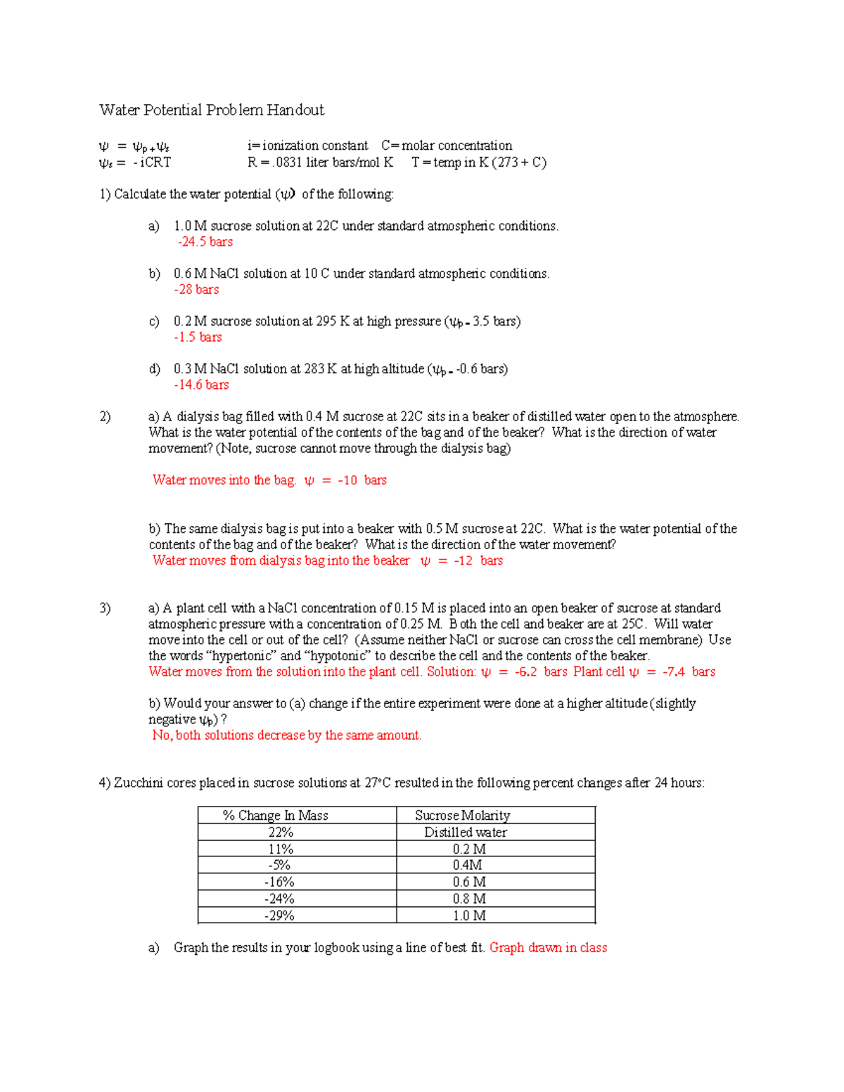 Water Potential Problem Handout key - Water Potential Problem Handout p ...