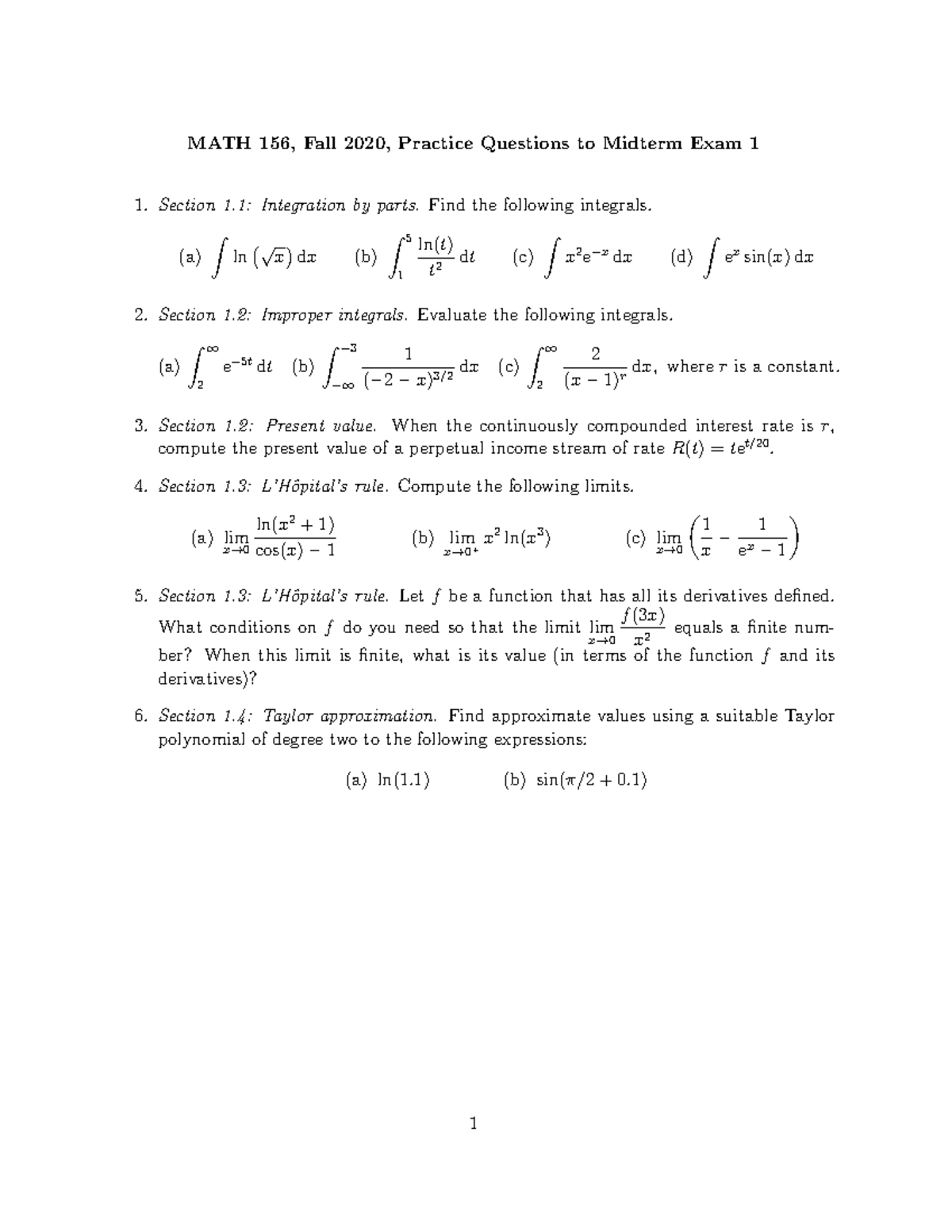 156 Practice Questions M1 - MATH 156, Fall 2020, Practice Questions to ...