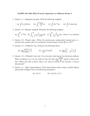 Math 156 Final Cheat Sheet - Integrals IBP: ∫ 𝑢 𝑑𝑣𝑑𝑥 𝑑𝑥 = 𝑢𝑣 − ∫ 𝑣 𝑑𝑢𝑑𝑥 ...