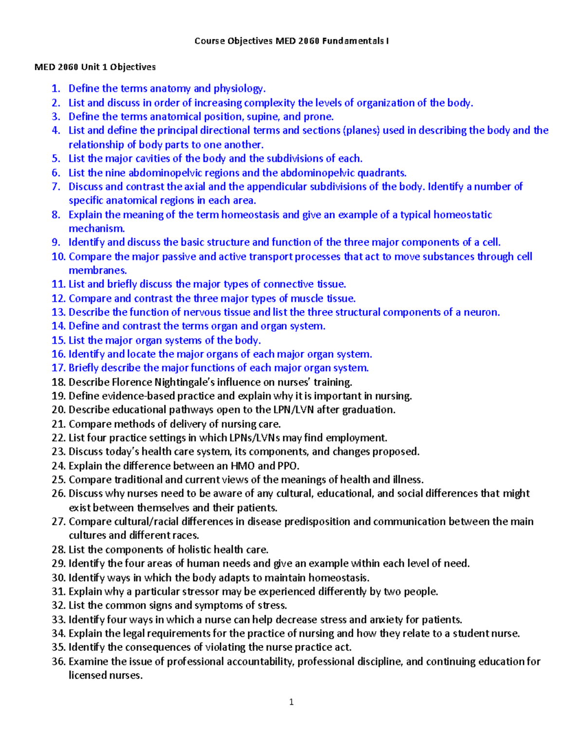 MED 2060 Fundamentals I - Course Objectives (2018 ) - Course Objectives ...