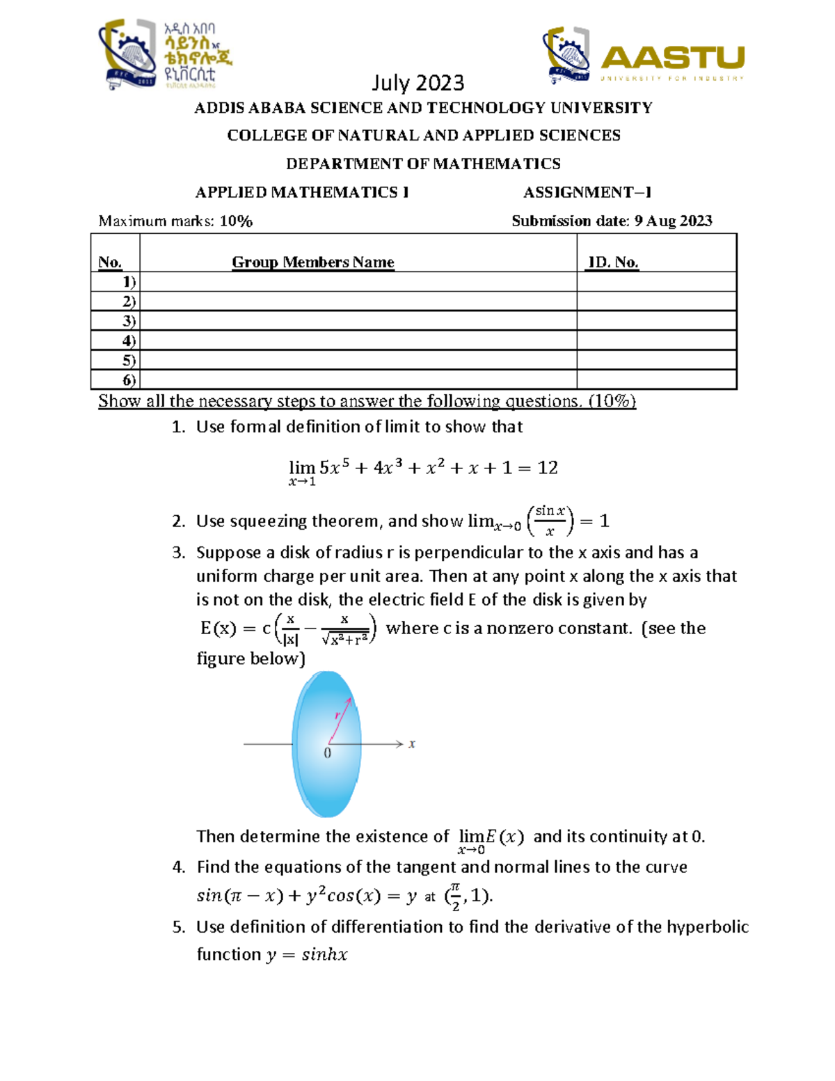 Applied I (Assignment-1) - 2023 - July 2023 ADDIS ABABA SCIENCE AND TECHNOLOGY UNIVERSITY ...