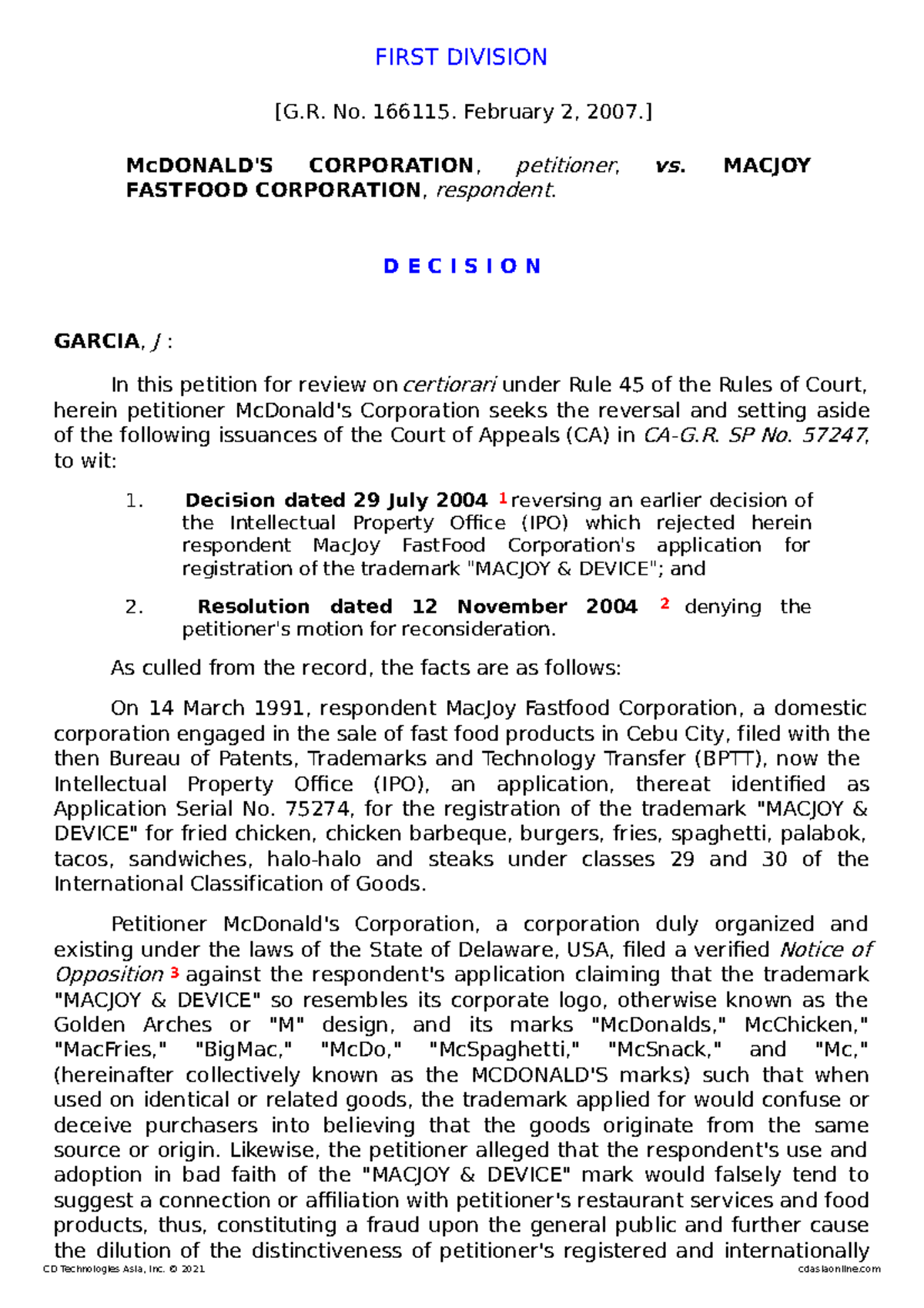 A5. G.R. No. 166115 - Mc Donald's Corporation v. Macjoy Fastfood ...