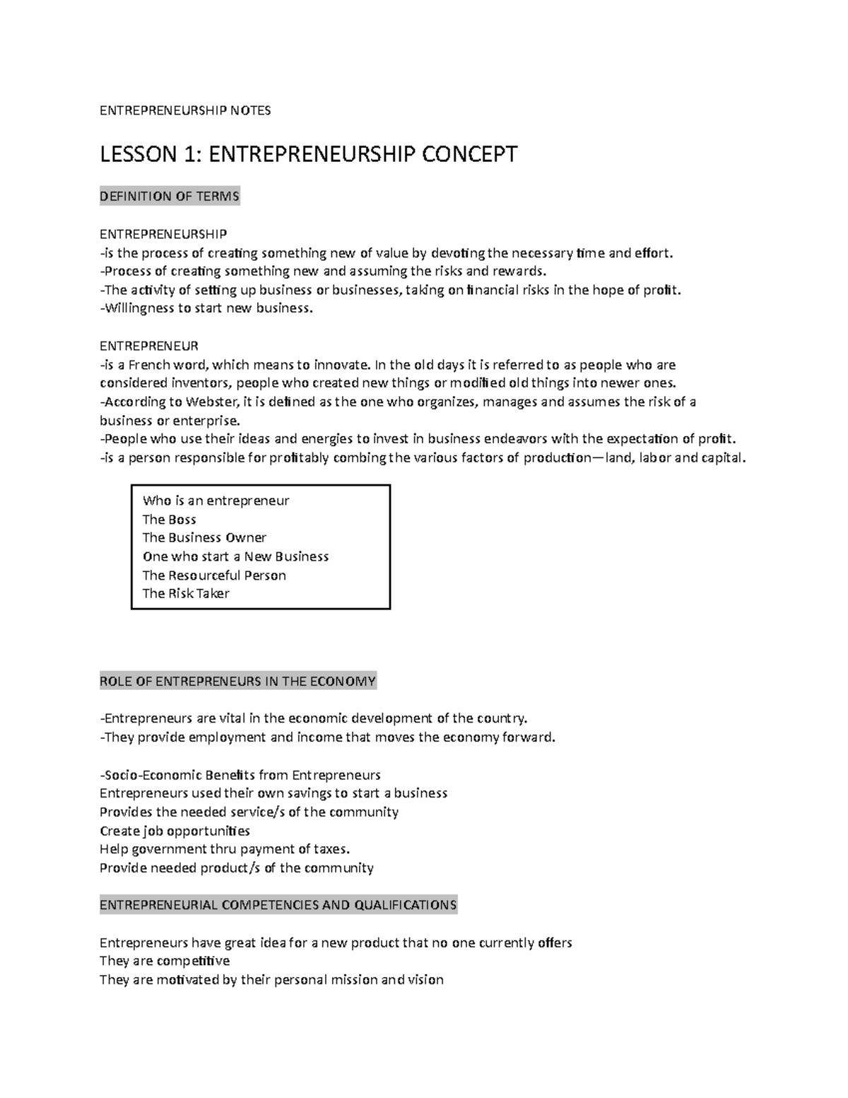 Entrepreneurship Notes - ENTREPRENEURSHIP NOTES LESSON 1 ...
