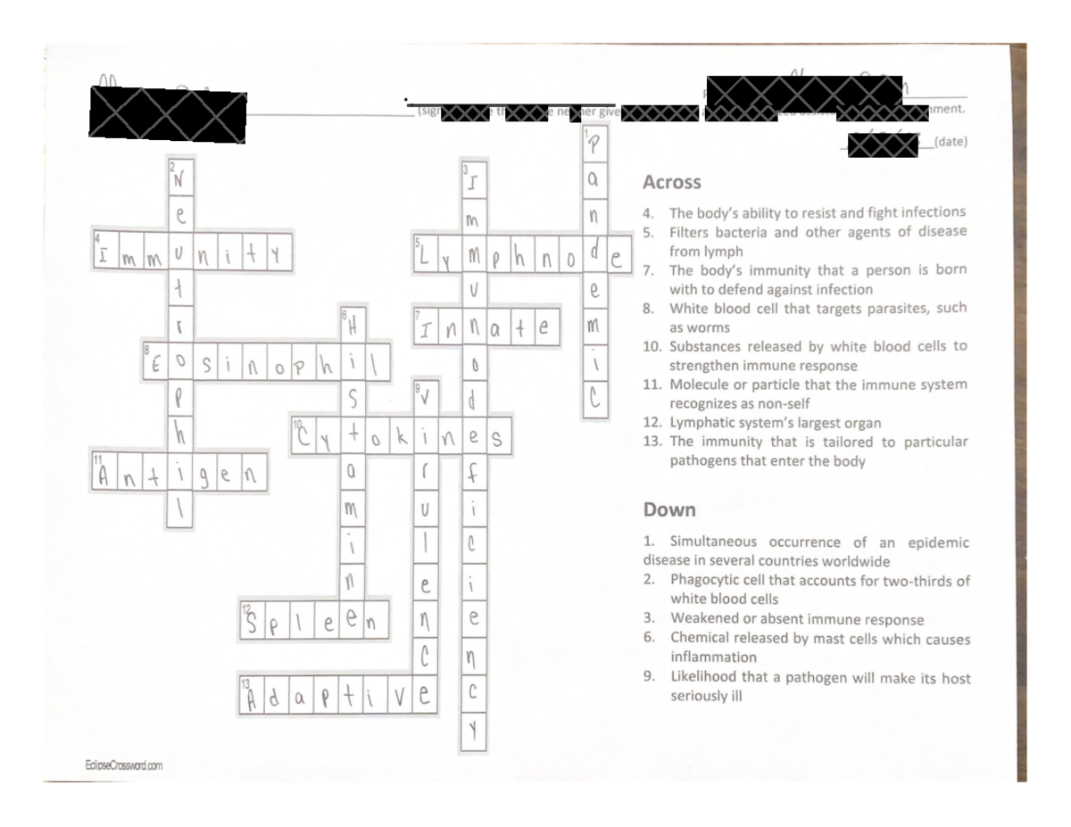 BIO 102 Module 5 Crossword - 10 (sign ett e ne her give nment. P (date ...